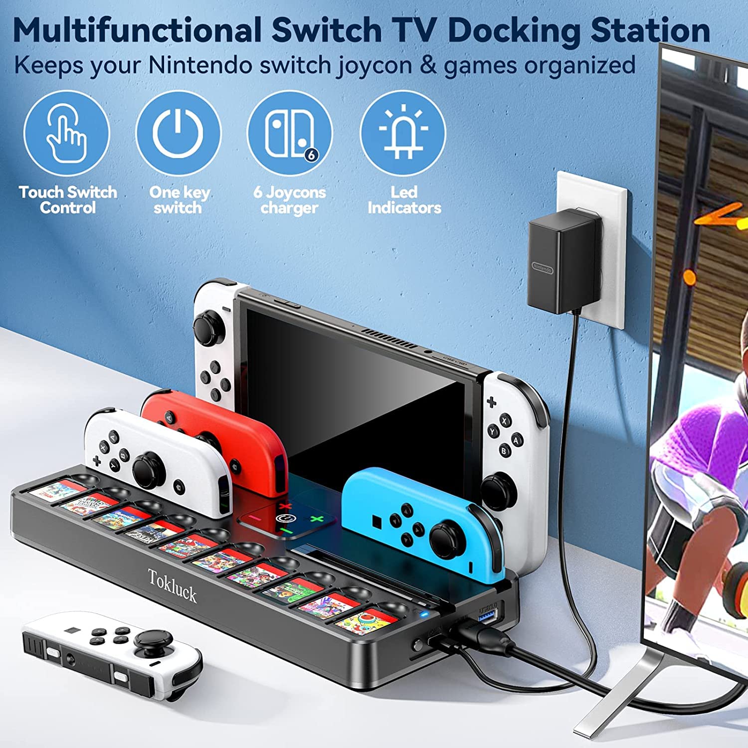 Switch Docking Station for TV with Controller Charger, Replacement for Switch TV Dock with HDMI Adapter, Switch Base Station Portable Charging Dock for Nintendo Switch Accessories Kit, 10 Game Slots