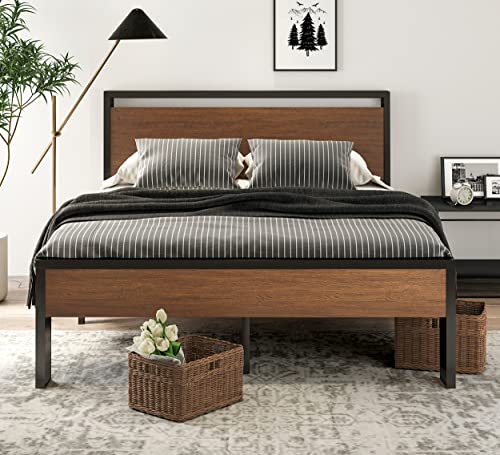 SHA CERLIN 14 Inch Queen Size Metal Platform Bed Frame with Wooden Headboard and Footboard, Mattress Foundation, No Box Spring Needed, Large Under Bed Storage, Light Walnut
