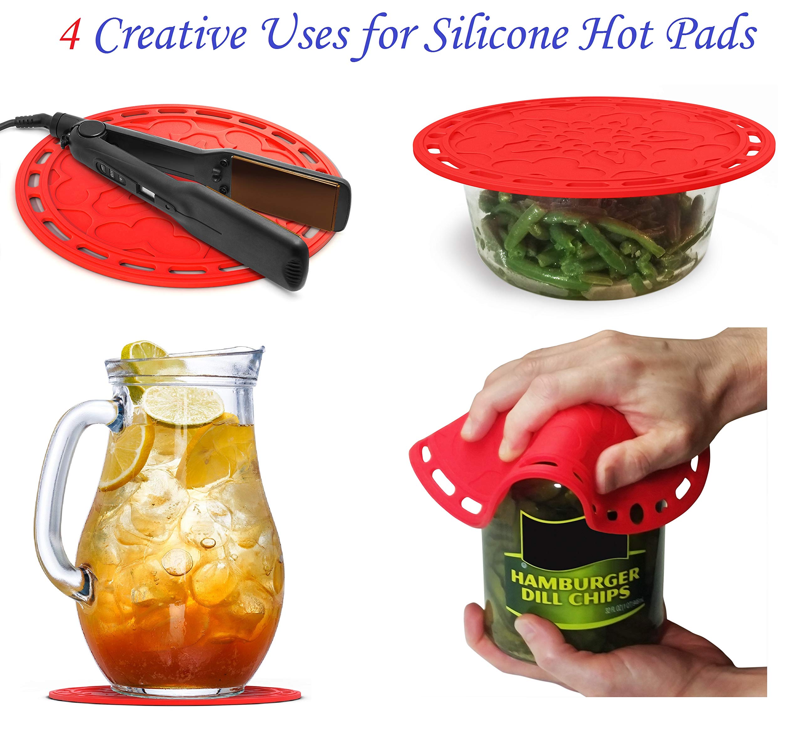 Silicone Hot Pads (Set of 4) - 6 in 1 Multi-Purpose Kitchen Tool, Pot Holder, Splatter Guard, Microwave Cover, Jar Opener, Decorative Trivet, Red, 8 Inches. Includes 121 Cooking Secrets Ebook