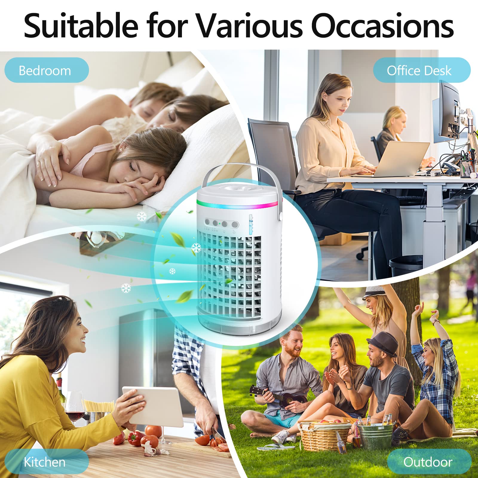 Vosaf Portable Air Conditioners Fan,1400ml Evaporative Mini Air Conditioner with 7 Colors Light,3 Speeds, White