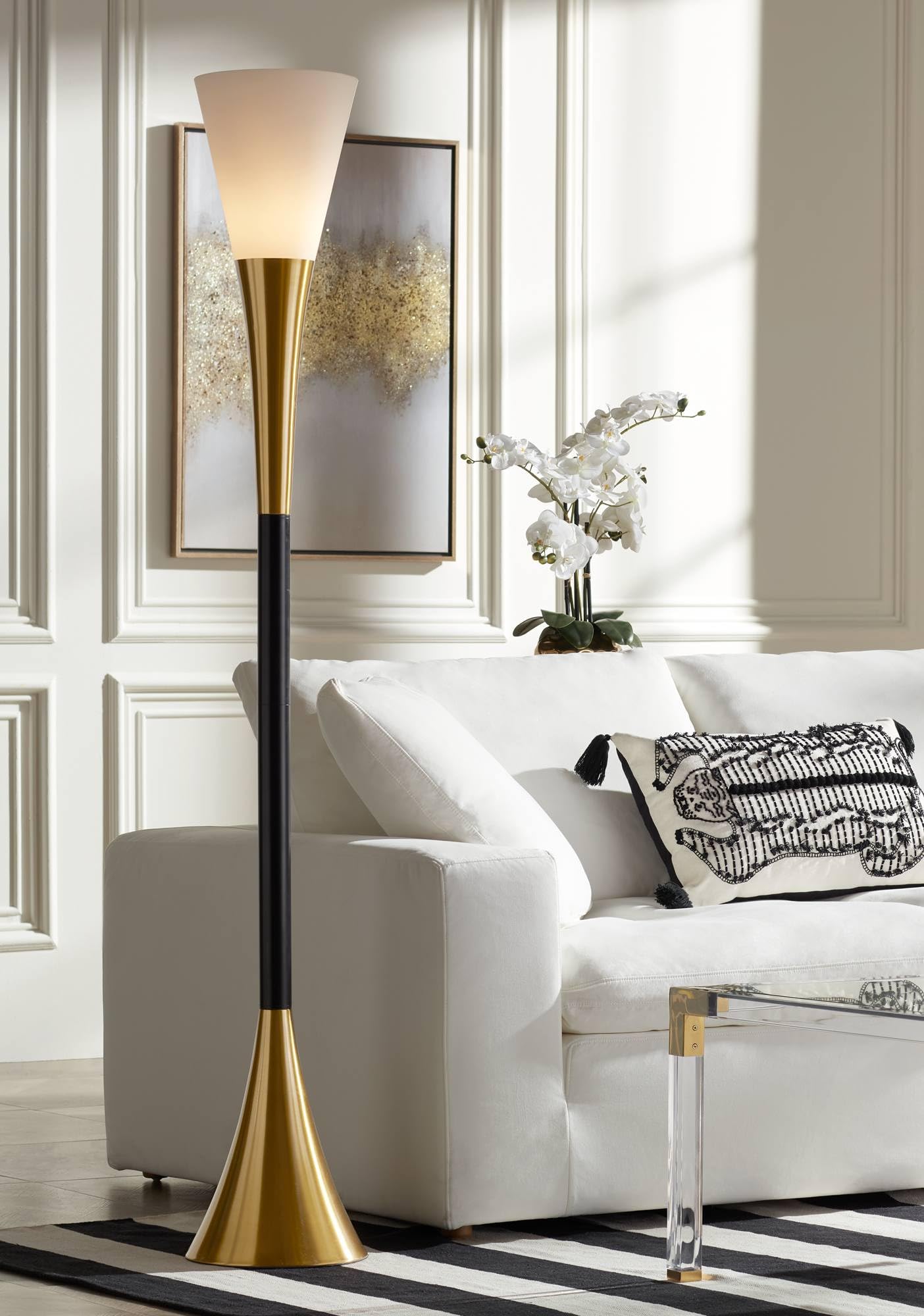 Possini Euro Design Piazza Mid Century Modern Glam Style Torchiere Floor Lamp 72.5" Tall Black Antique Brass Metal White Glass Shade for Living Room Reading House Bedroom Home Office