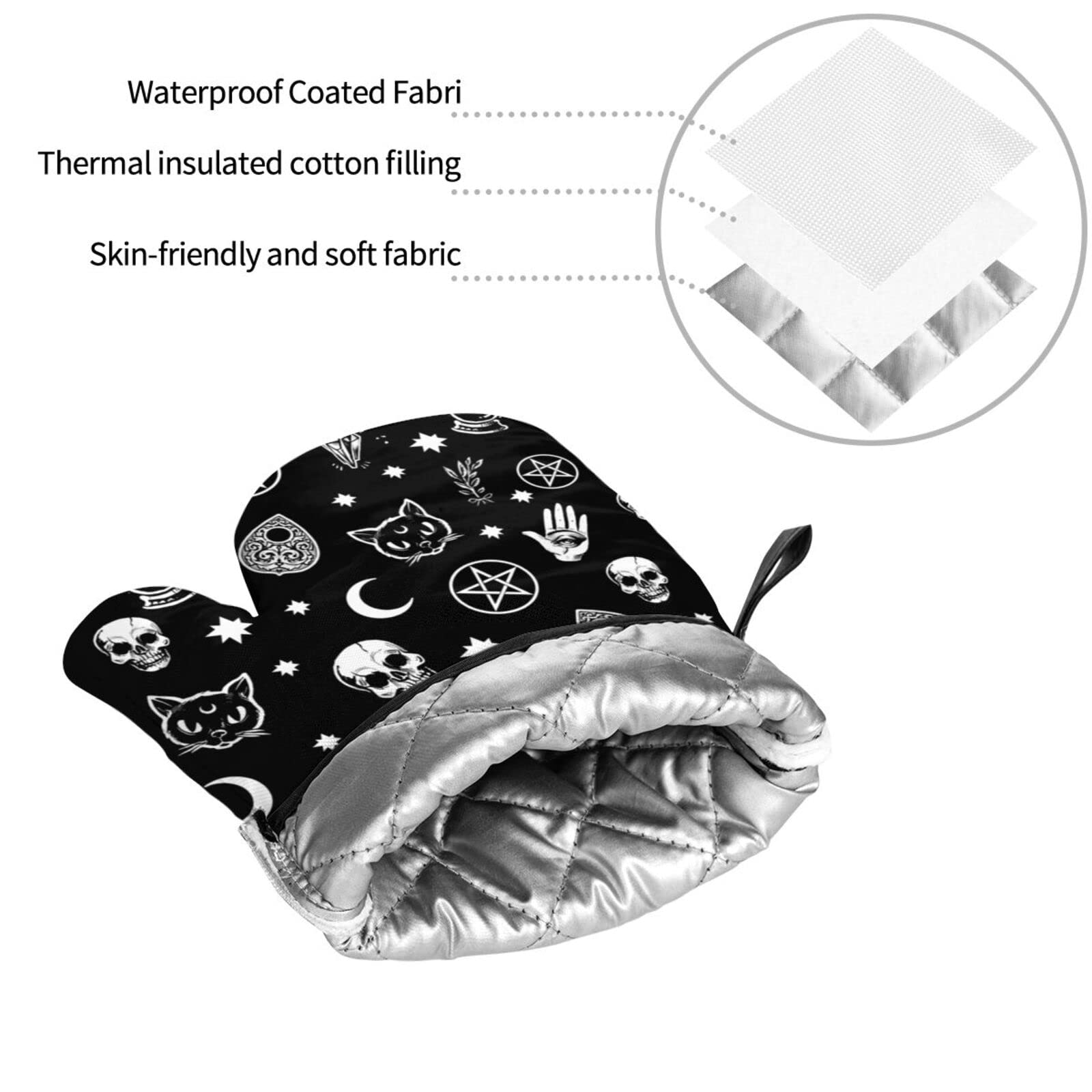 Skull Cat Moon Gothic Pattern Oven Mitts and Pot Holders 4 Pcs Sets Heat Resistant Gloves for Kitchen BBQ Cooking Baking Grilling