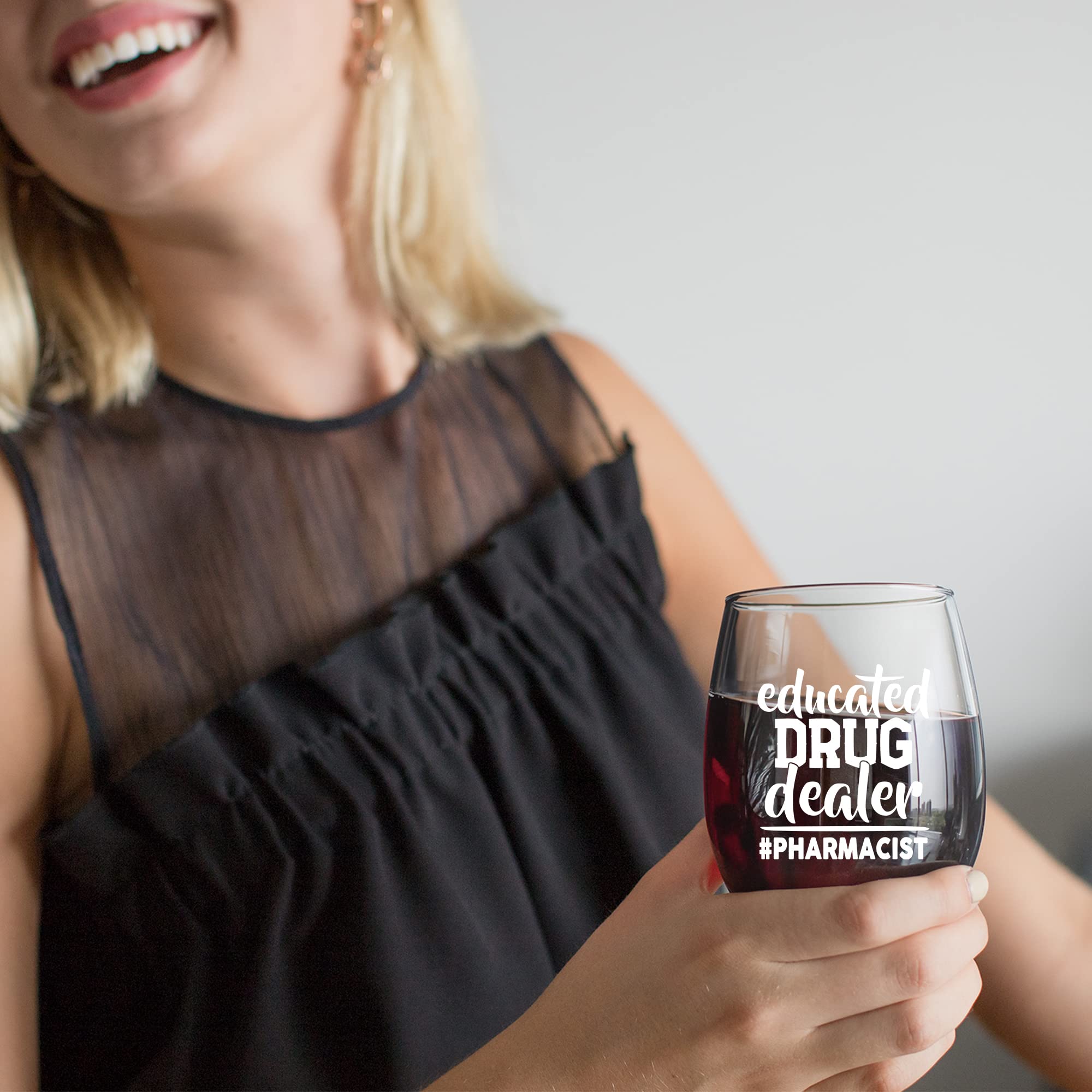 Panvola Educated Drug Dealer Pharmacist Stemless Wine Glass 15oz For Pharmacist Pharmacy Tech Nursing Student Graduate Nurse Doctor Dr Drinkware