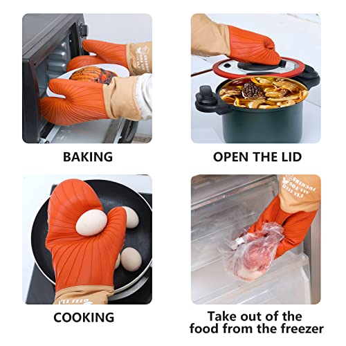 Silicone Oven Mitts with Quilted Liner and Non-Slip Grip, Extra Long Oven Mitts Heat Resistant, Kitchen Mitts Perfect for BBQ, Baking, Cooking and Grilling - 1 Pair 13.6 Inch Orange