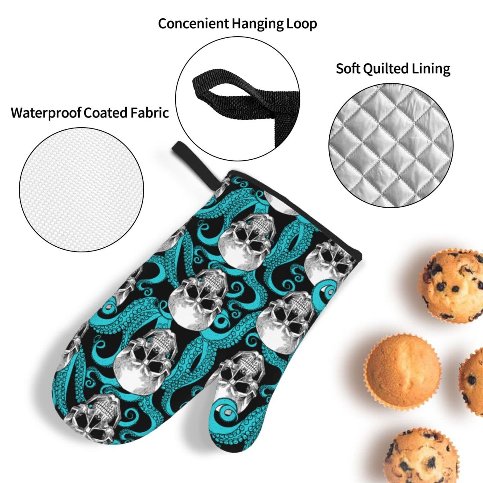 Skull Oven Mitts and Pot Holders 4pcs Sets,Funny Kitchen High Heat Resistant Oven Mitts,with Oven Gloves and Hot Pads Pot Holders for Baking Cooking BBQ Grilling