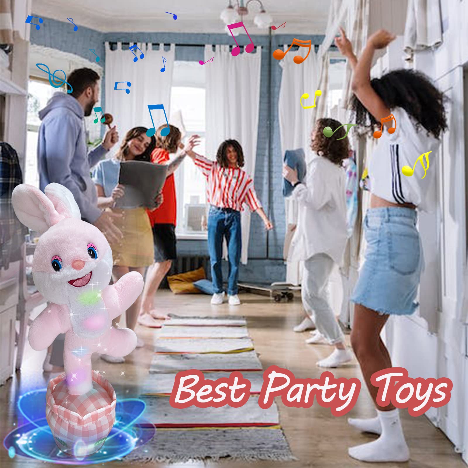 VPOWJI Easter Bunny, Dancing Talking & LED Glow Wiggle Dancing Bunny Toys, Record & Repeating What You Say with 60 English Songs, Easter Decorations Easter for Child (Pink)