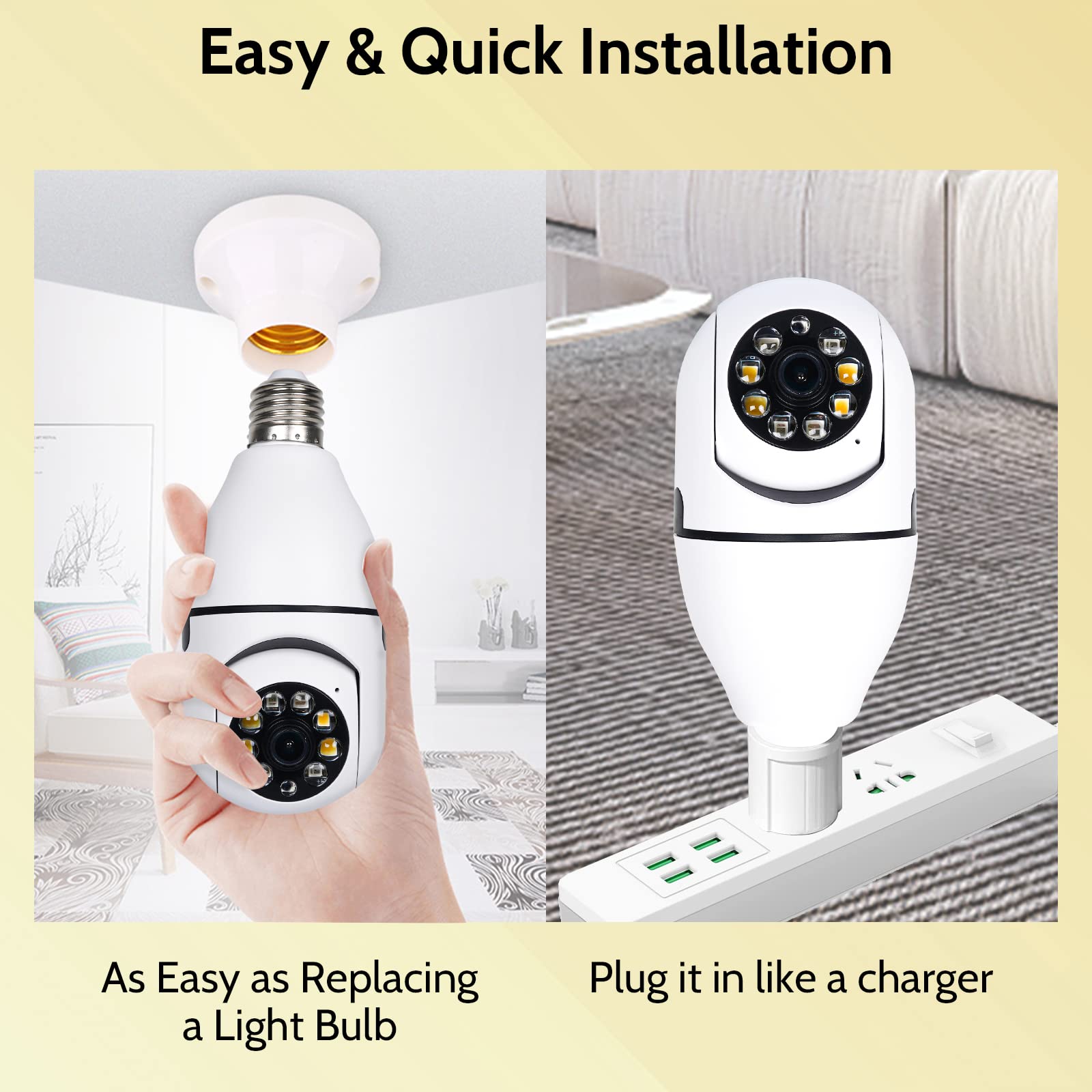 WiFi Light Bulb Camera/1080P Security Camera/2.4GHz WiFi Smart 360°Panoramic Indoor Surveillance Camera with Night Vision Motion Detection Alarm Two-Way-Talk Phone Remote View Outdoor/2pcs