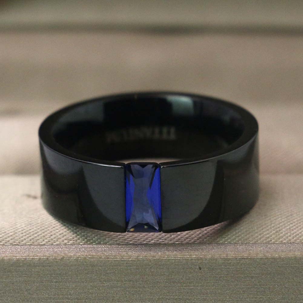 Ringcrown Couple Rings Black Rings Blue Cz Womens Wedding Ring Sets Titanium Steel Man Wedding Bands(Please Buy 2 Rings for 1 Pair)