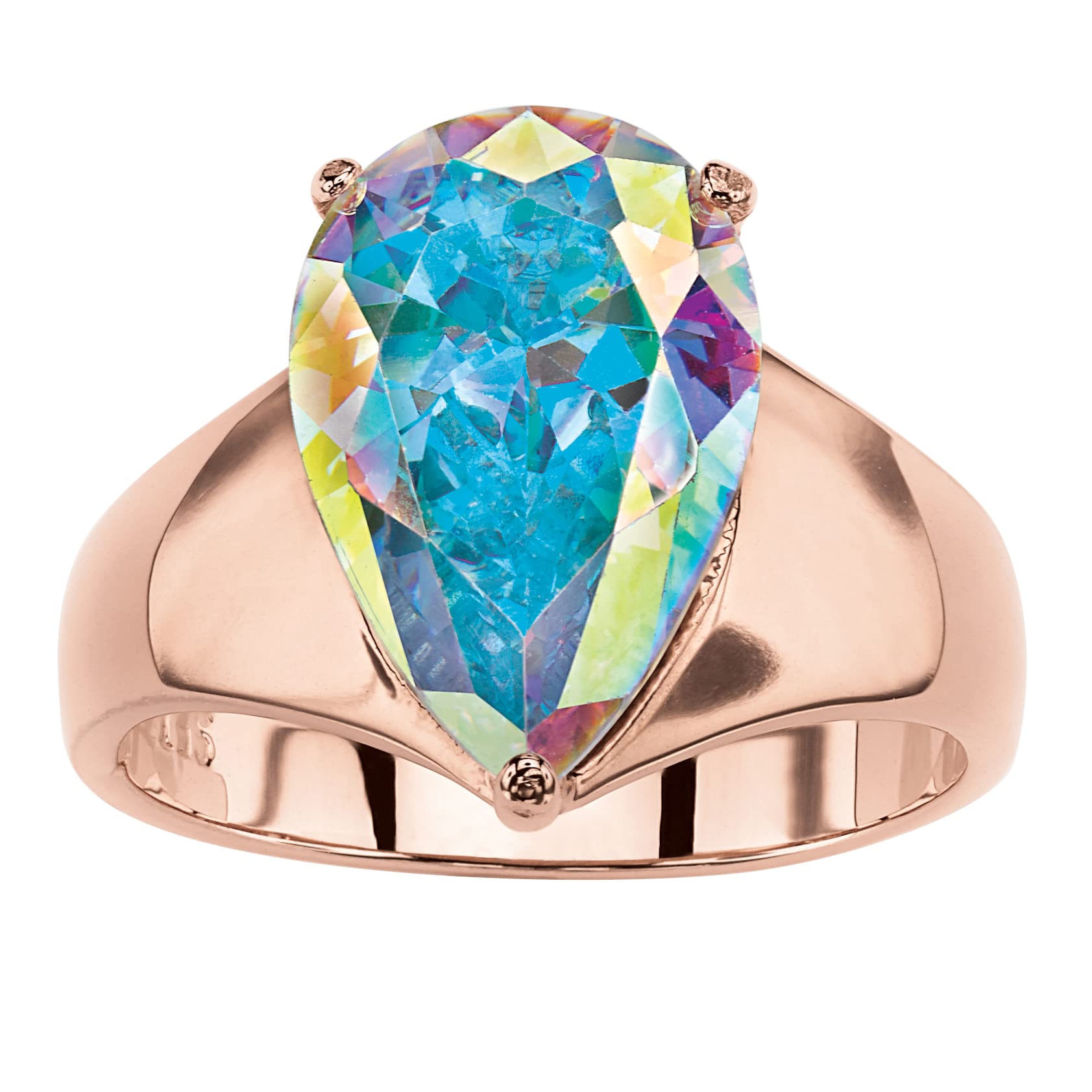 PalmBeach Jewelry Yellow or Rose Gold-Plated Pear Cut Yellow or Aurora Borealis Cubic Zirconia Solitaire Ring Size 6