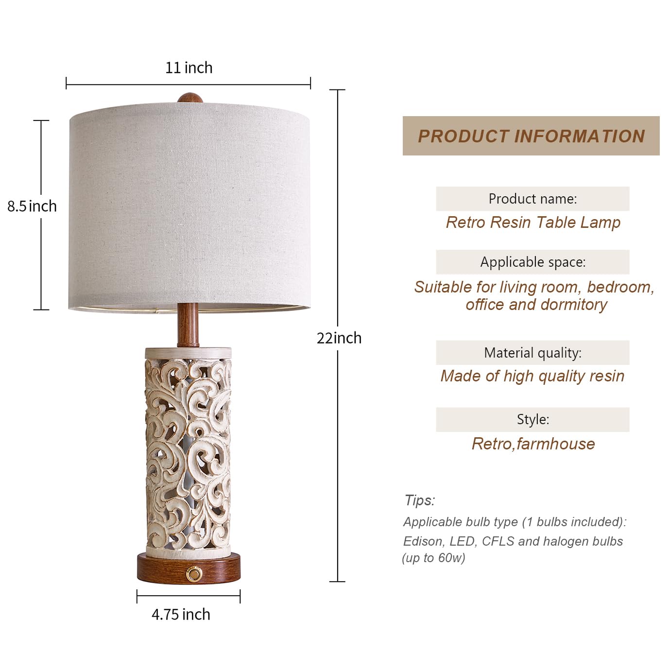 OYEARS 3-Way Dimmable 22'' USB A+C Touch Control Table Lamp with Nightlight for Living Room Bedroom Farmhouse Bedside Nightstand Lamps (1 Bulbs and 1 Built-in LED Beads Included)…