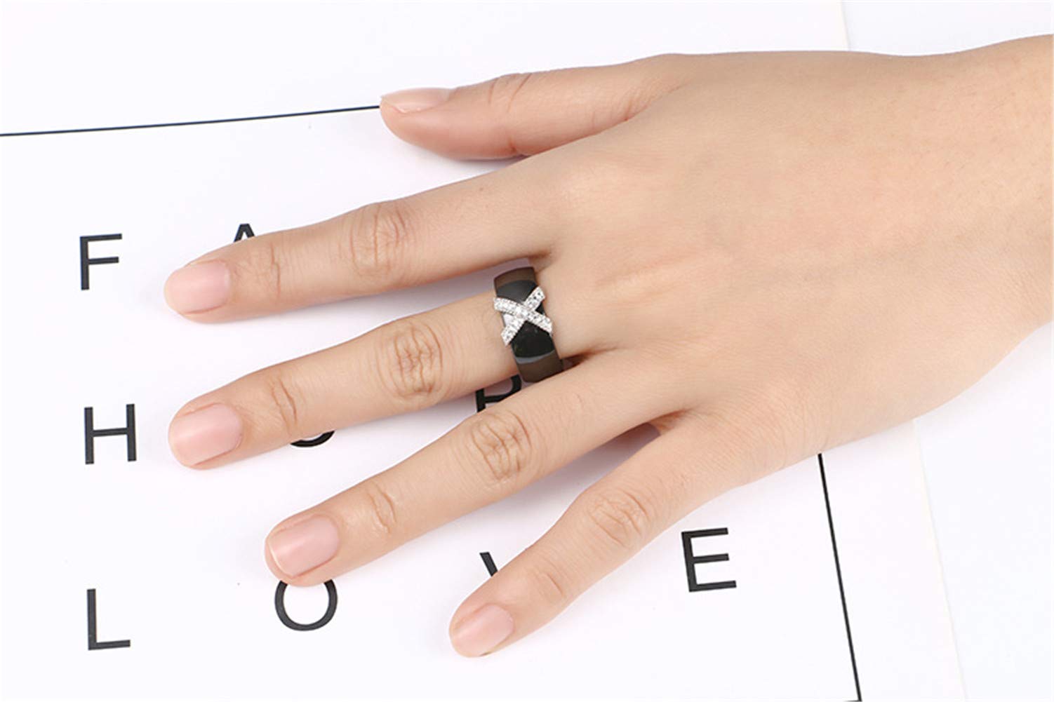 PAURO Women's Ceramic Round Cubic Zirconia Engagement Wedding Band Ring X Shape Black Size 9