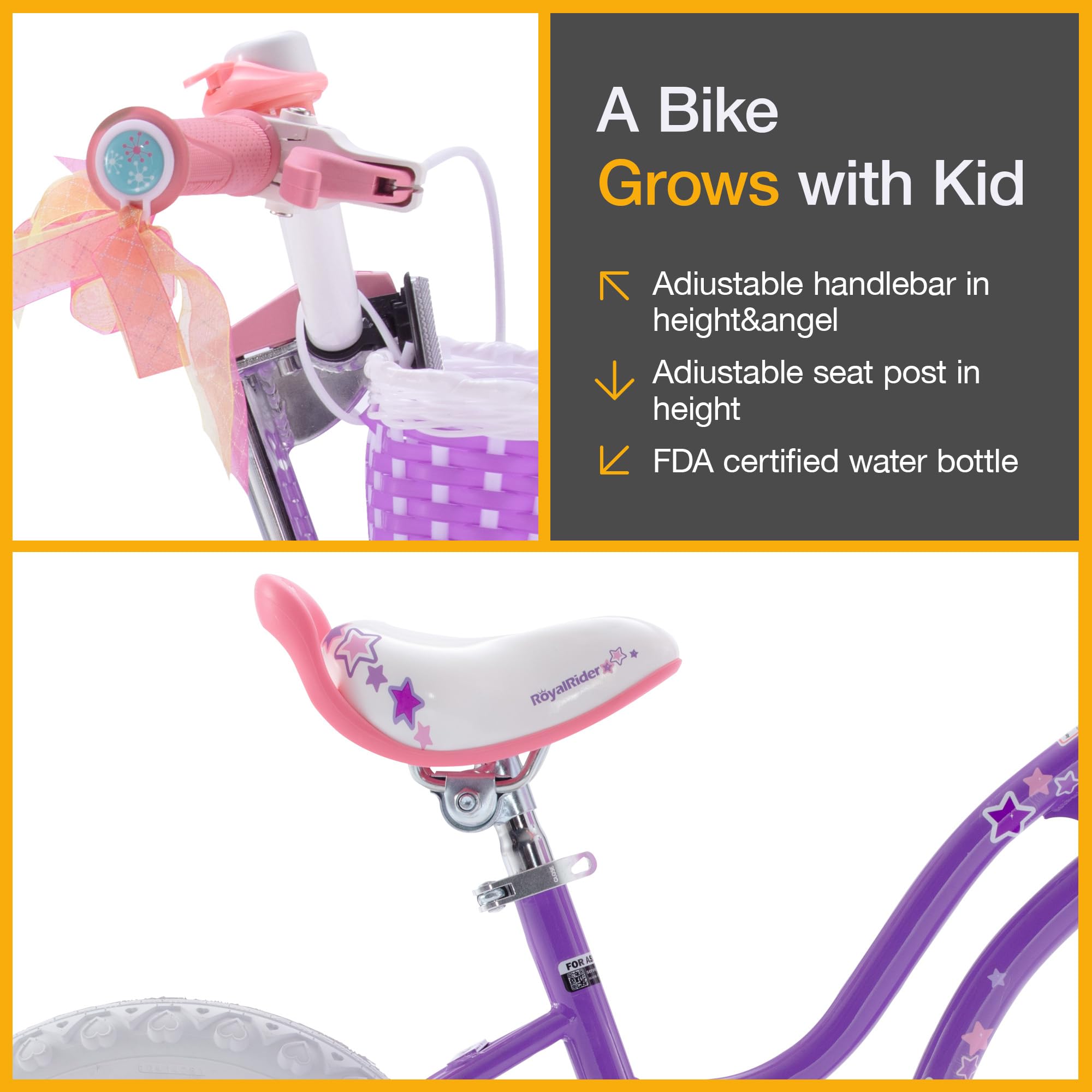 RoyalBaby Stargirl 14 Inch Kids Outdoor Bicycle with Accessory Basket, Bell, Thick Wheels, and Safety Training Wheels for Ages 3-5, Purple