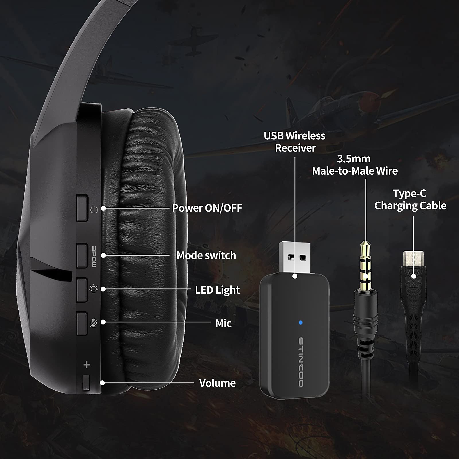 SOMIC 2.4G Wireless Gaming Headset with Microphone for PS5, PS4, Computer Gamer Headphone with Stereo Sound, Detachable Mic, Soft Earmuffs, RGB LED Light, 10H+ Playtime (Xbox one in Wired Mode) GS401