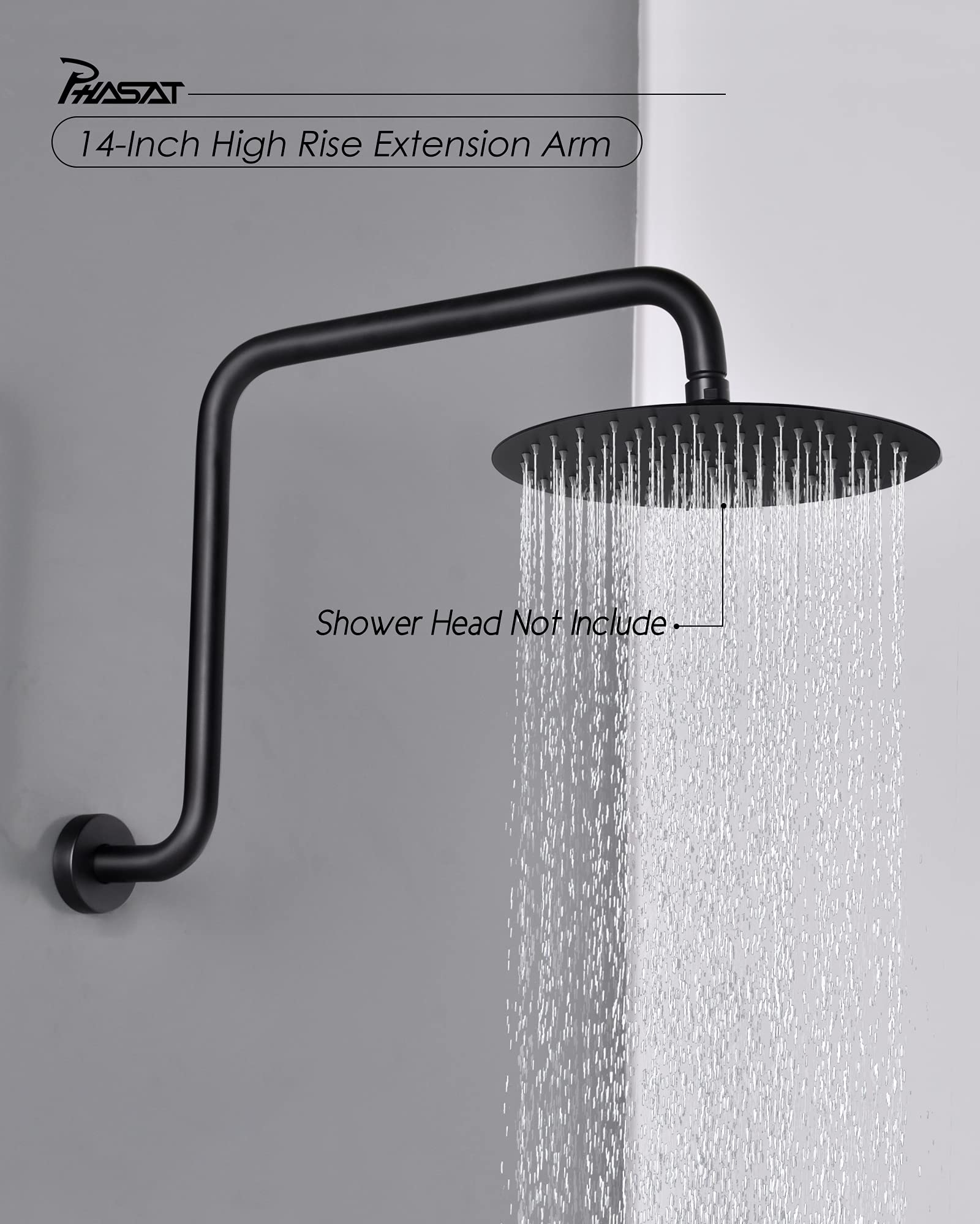 PHASAT 16 Inches Black Shower Head Arm,S Shaped Shower Arm with Flange,High Rise Shower Head Extension Arm,Shower Arm Extension Matte Black,PU9H02