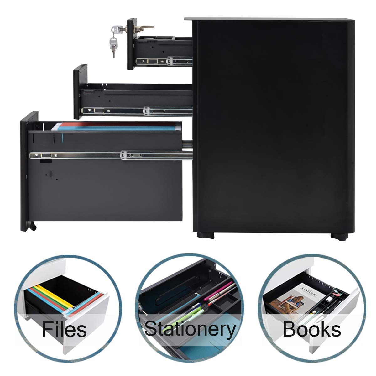 Mobile File Cabinet with Key Lock Steel Filing Cabinet, Home Office Pedestal Fully Assembled Except 5 Rolling Casters