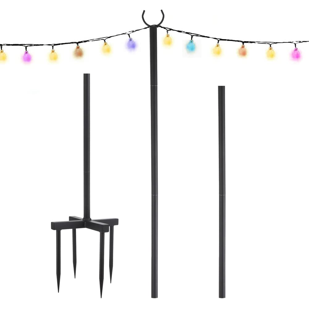 RINLAIN String Light Poles,100 Inch Height Adjustable Metal Stand Pole with Hooks for Hanging String Lights,Garden, Backyard, Patio Lighting Stand for Parties, Wedding 2 Pack (Matte Black)