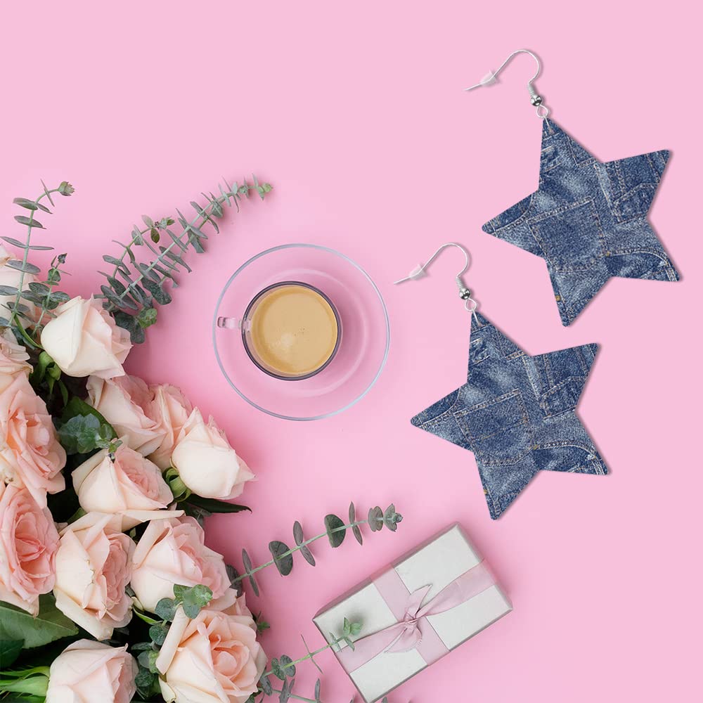 Swono Denim Patchwork Pattern Leather Earrings Indigo Irregular Patchy Wrinkle Jeans Star Faux Leather Earring Lightweight Dangle Drop Earrings for Women Girls