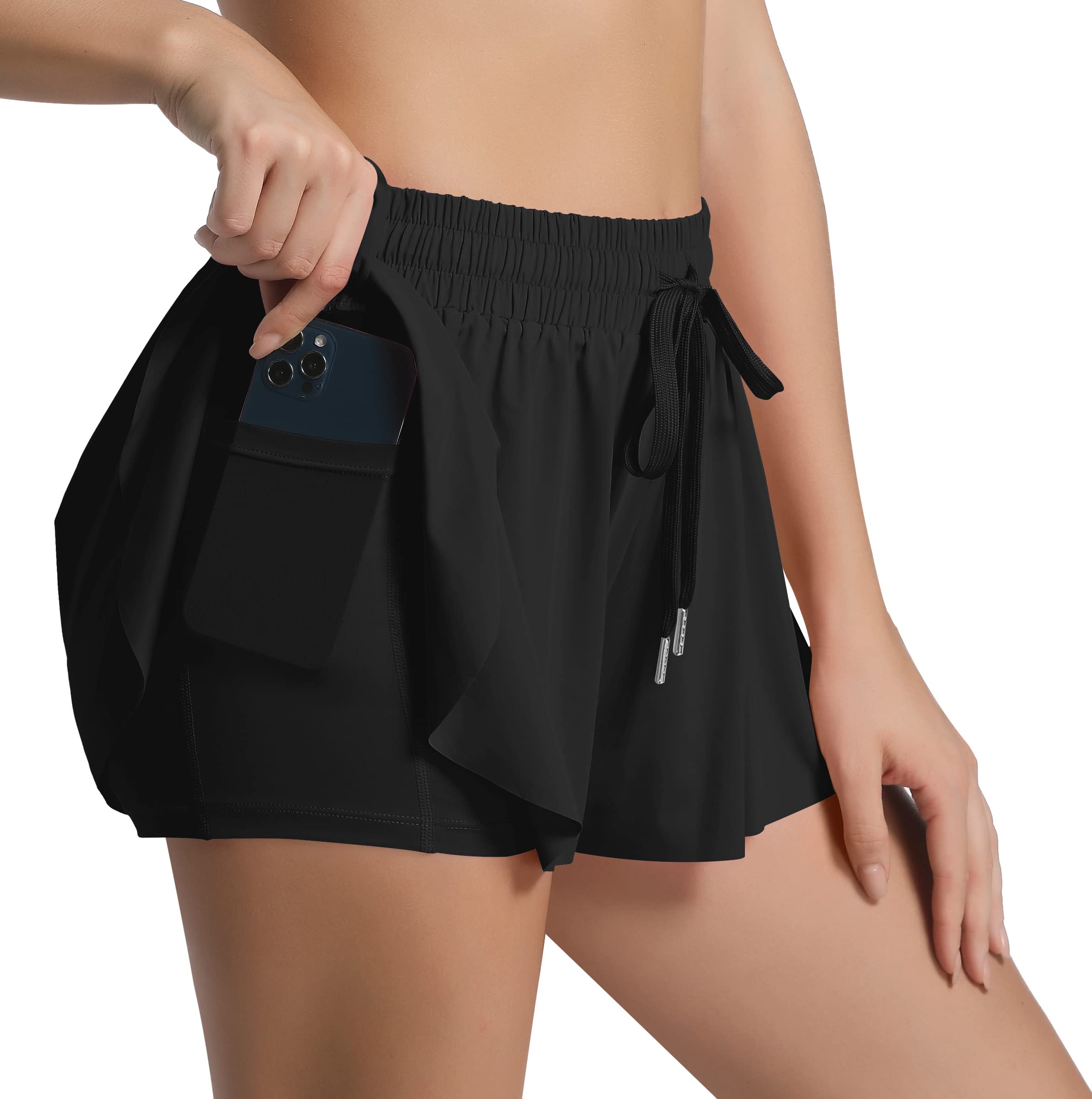 Women 2 in 1 Flowy Butterfly Running Shorts with Spandex Underneath and Pocket for Athletic Workout X-Small
