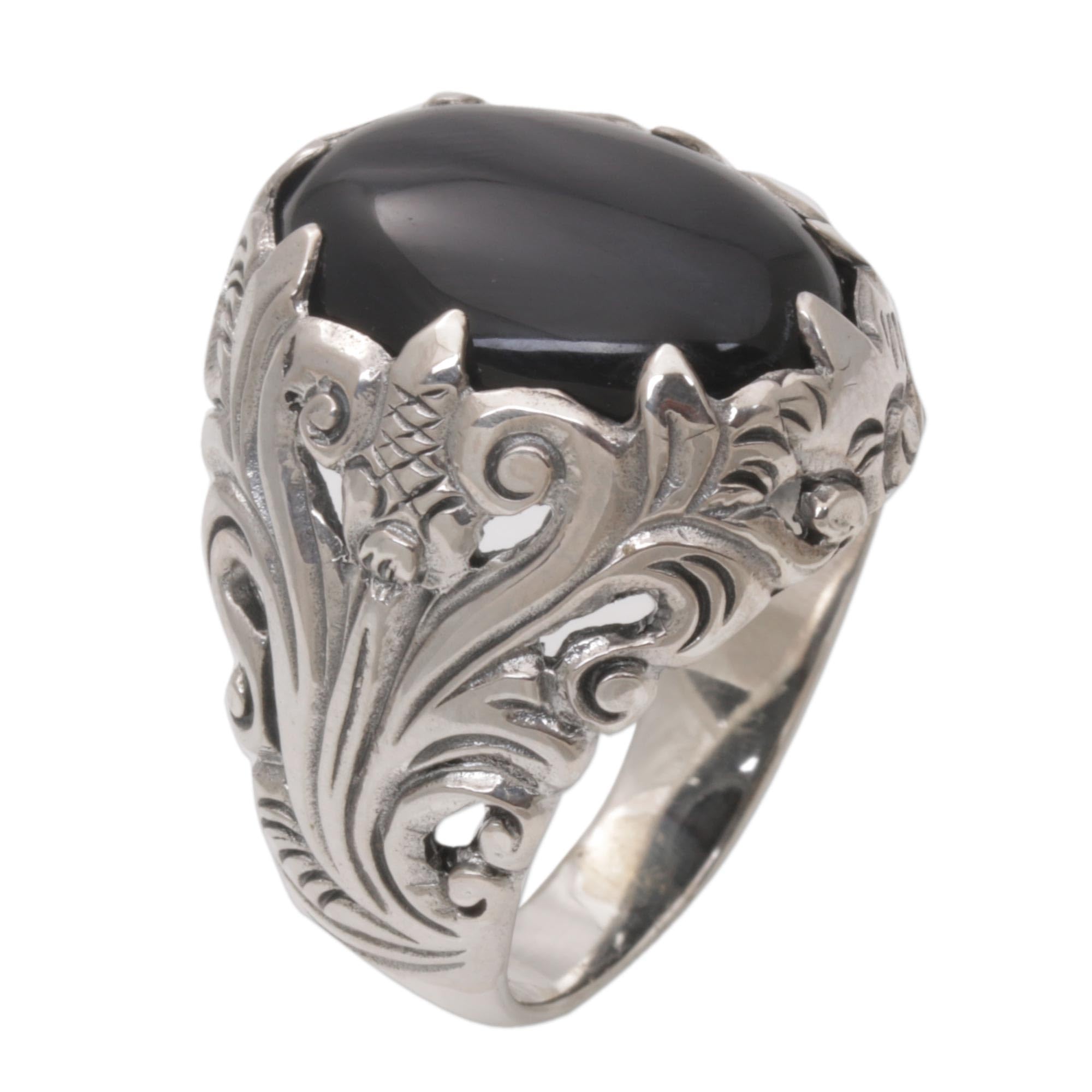 NOVICA Artisan Handcrafted .925 Sterling Silver Onyx Cocktail Ring from Bali Black Indonesia Birthstone 'Dark Forest'