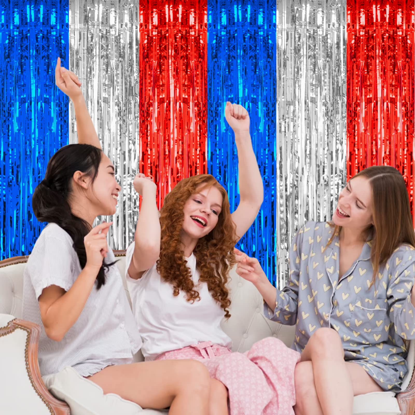 PIGETALE, 2 Pack 3.2 x 8.2 ft Red White and Blue Foil Fringe Backdrop Curtain, Streamer Backdrop Tinsel Curtains Photo Booth Props for Graduation Birthday Memo