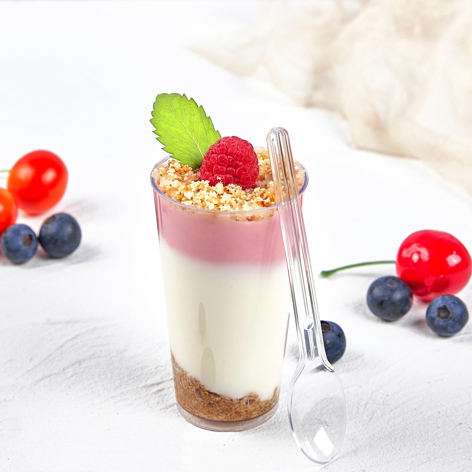 TOFLEN 50 Pack 3 oz Mini Dessert Cups with Lids and Spoons, Round Tall Plastic Dessert Shooters Party Serving Tumbler Cups for Parfait Appetizers & Dessert Shot Glasses