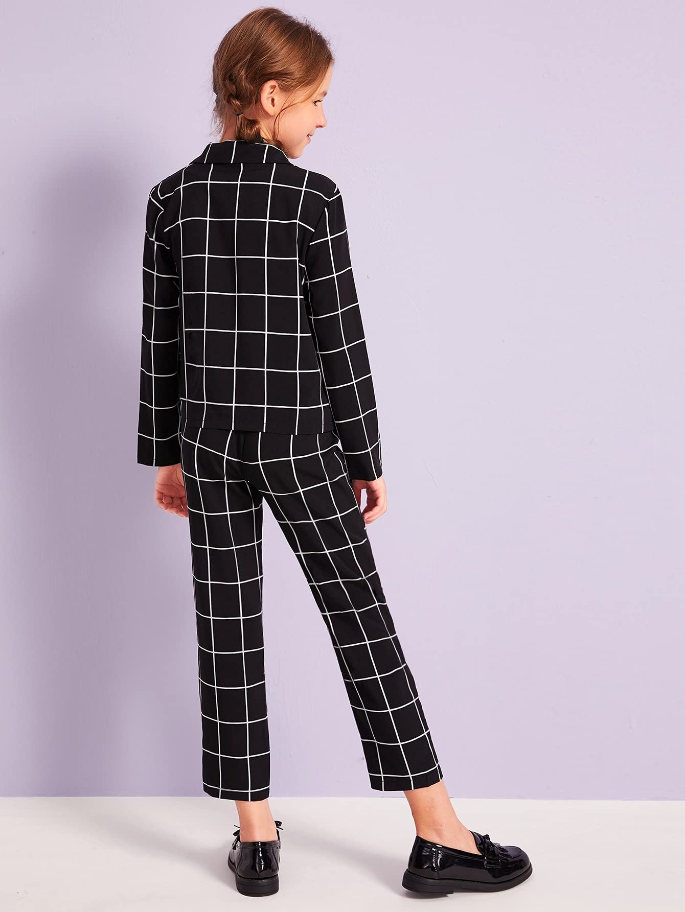 Milumia Girl's Two Piece Outfit Plaid Open Front Blazer and Pants Set Black 9 Years