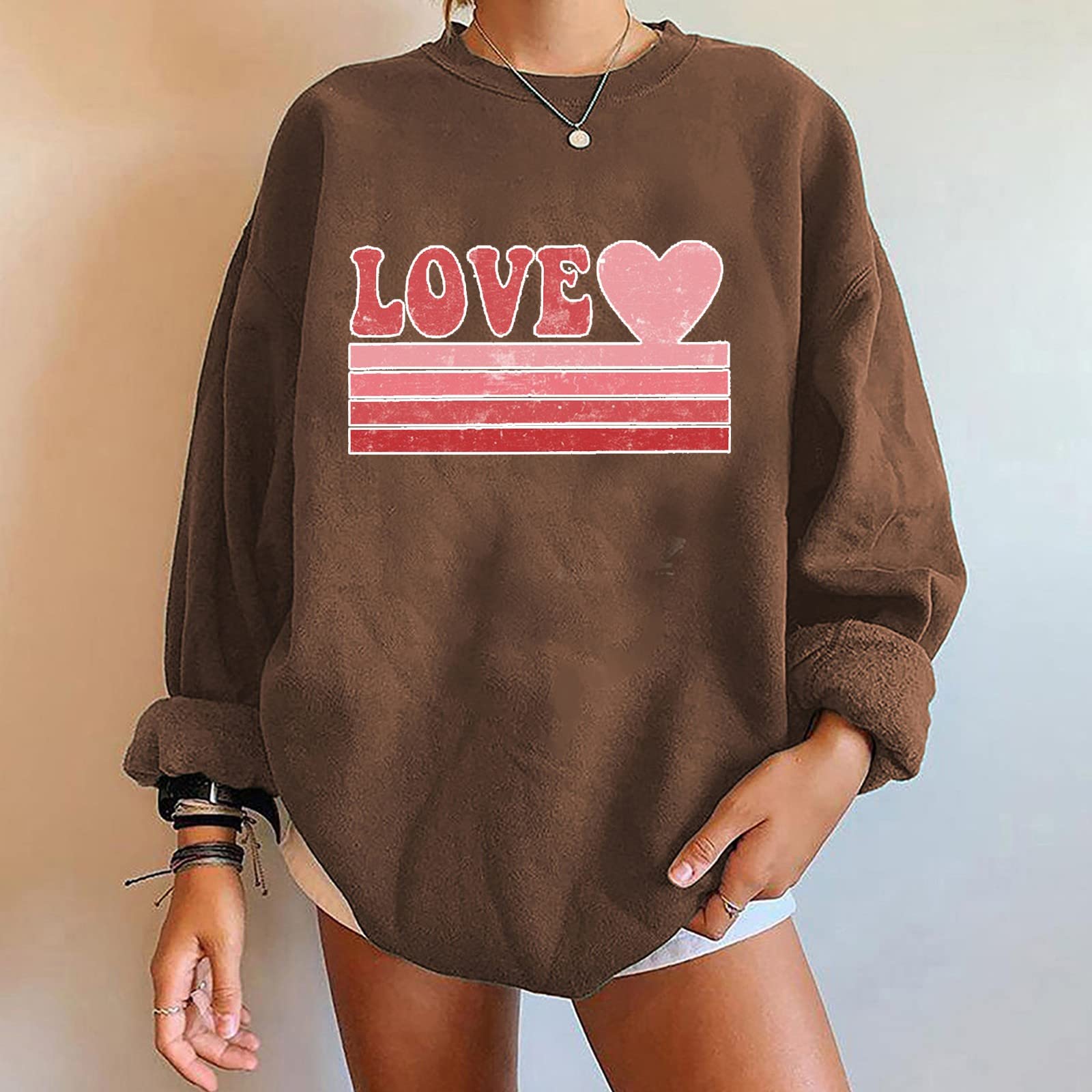 Swrowesi Women's Valentine's Day Love Long Sleeve Sweatshirt Round Neck Drop Shoulder Loose Pullover Tops