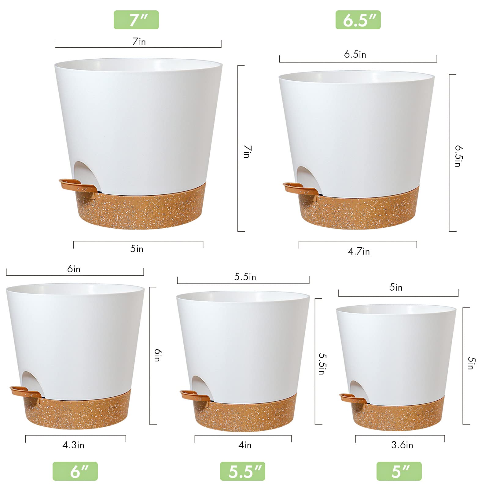 WOUSIWER Plant Pots, 7/6.5/6/5.5/5 Self Watering Plastic Planters with Deep Reservior and High Drainage Holes for Indoor Outdoor Flowers Plants, White with Terracotta