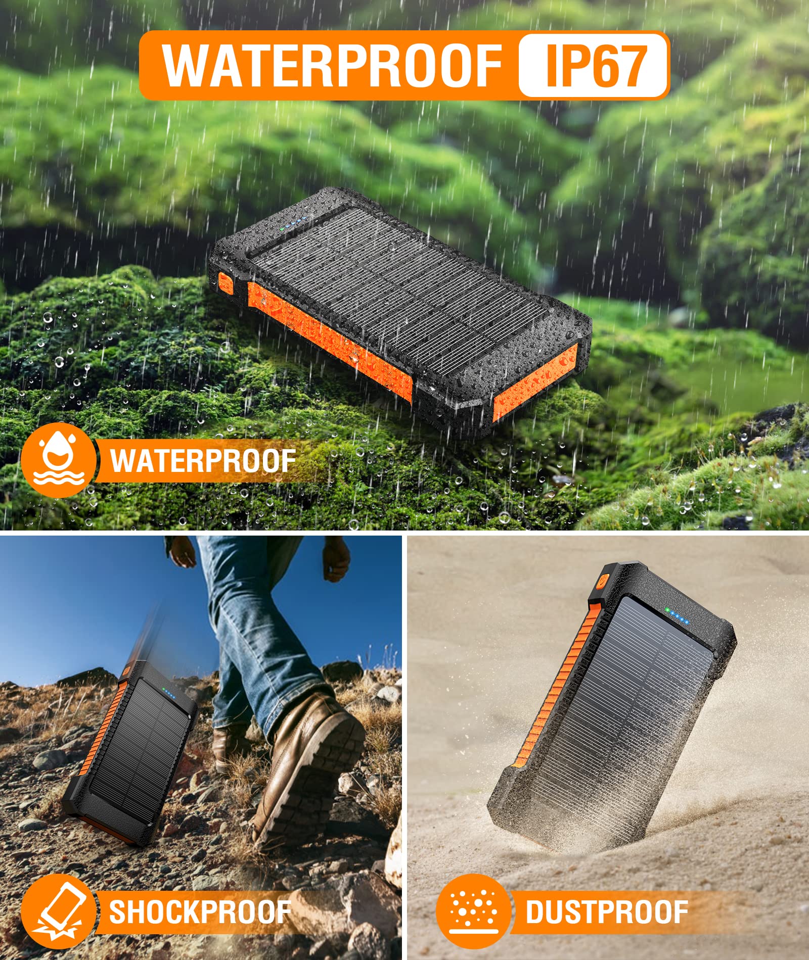 MetFut 3-Pack Solar Power Bank 38800mAh, Solar Charger with Suction Cup Mount Three Modes Flashlight-Steady/SOS/Strobe IPX7 Waterproof External Battery Pack 3 USB Charging Ports(blue+orange+black)