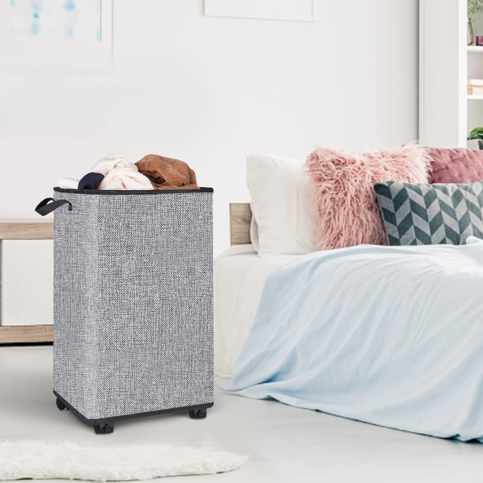 PHESWISOM 90L Large Rolling Laundry Hamper, Laundry Basket with Wheels and Handle for Storage, Dirty Clothes Hamper for Laundry, Tall Laundry Basket, Collapsible Laundry Hamper for Bathroom Dorm, Grey