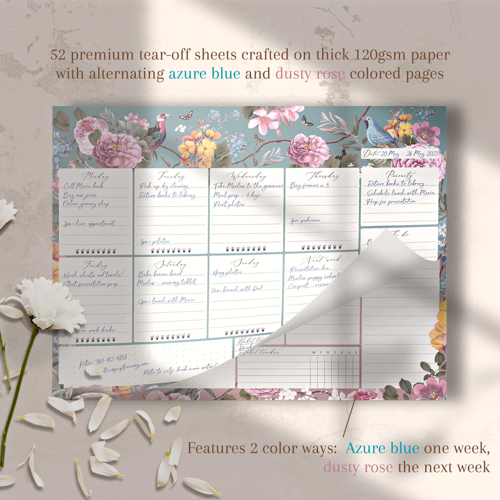 Peachly Weekly Tear Off Planner Pad - 52 Pages Desk Notepad with To Do List, Water Tracker and Habit Tracker 8.5 x 11 inches - Peony