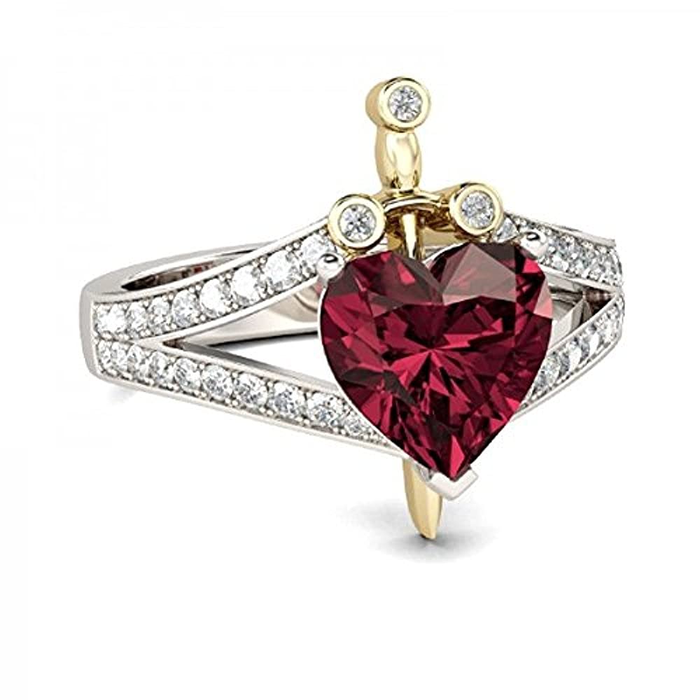 RUDRAFASHION Heart & Round Cut Red Garnet & Dia 10K Two-Tone Gold Over Silver Snow White Dagger Engagement Ring For Women's (6.5)