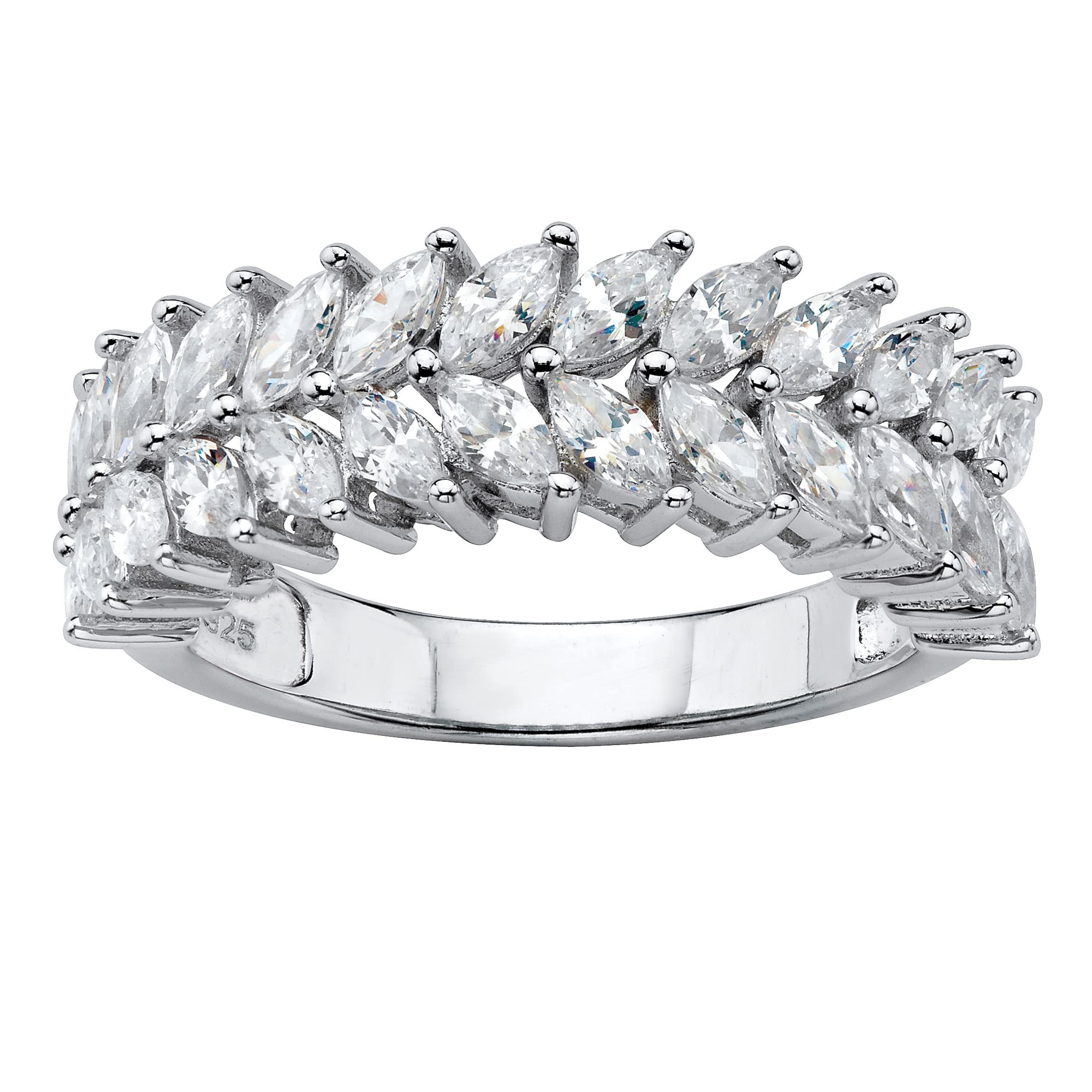 PalmBeach Jewelry Platinum-Plated or Gold-Plated Sterling Silver Marquise Cut Cubic Zirconia Double Row Leaf Anniversary Ring Size 8