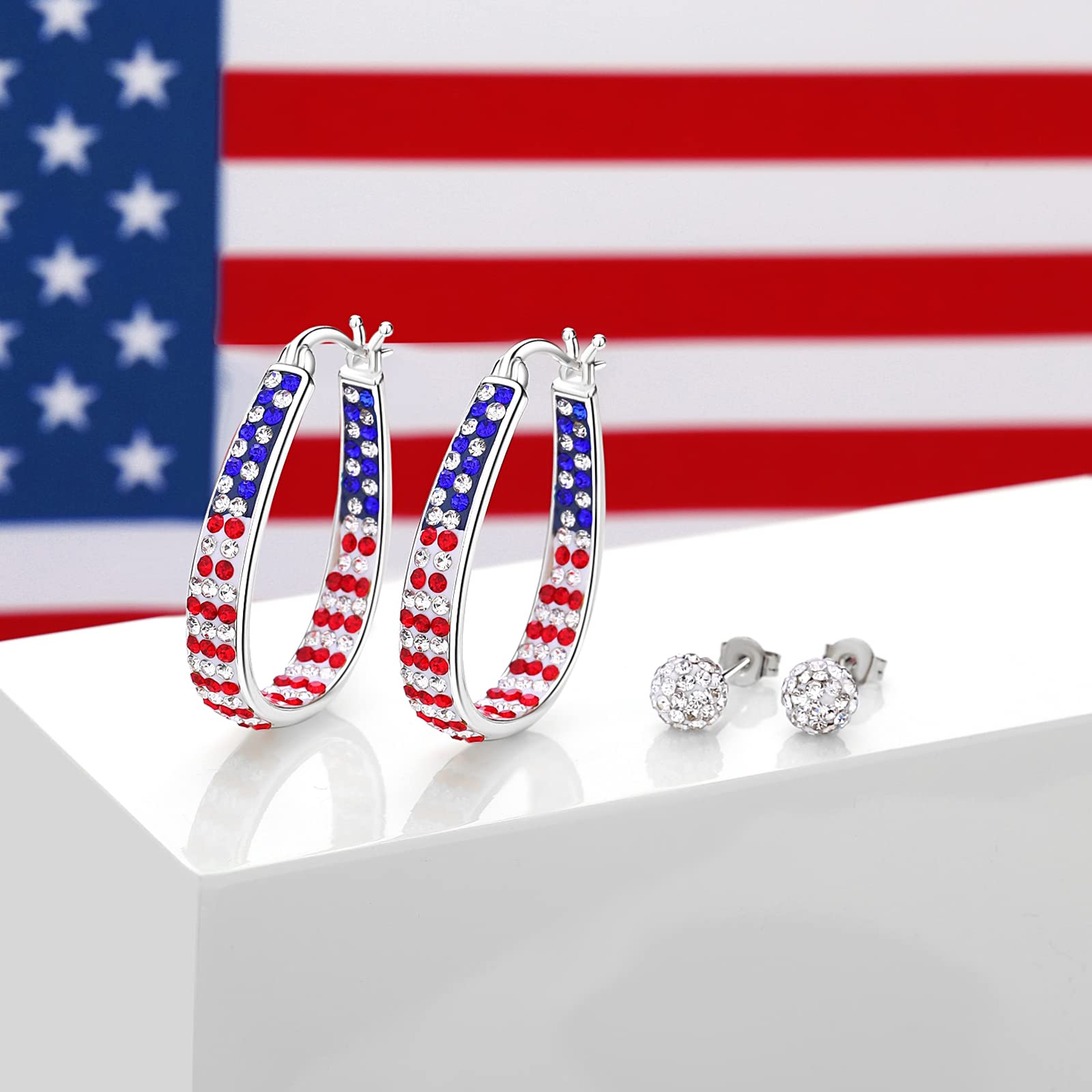 Silver Plated Oval Inside Out Crystal Hoop Earrings For Women Patriotic Earrings Fashion Jewelry
