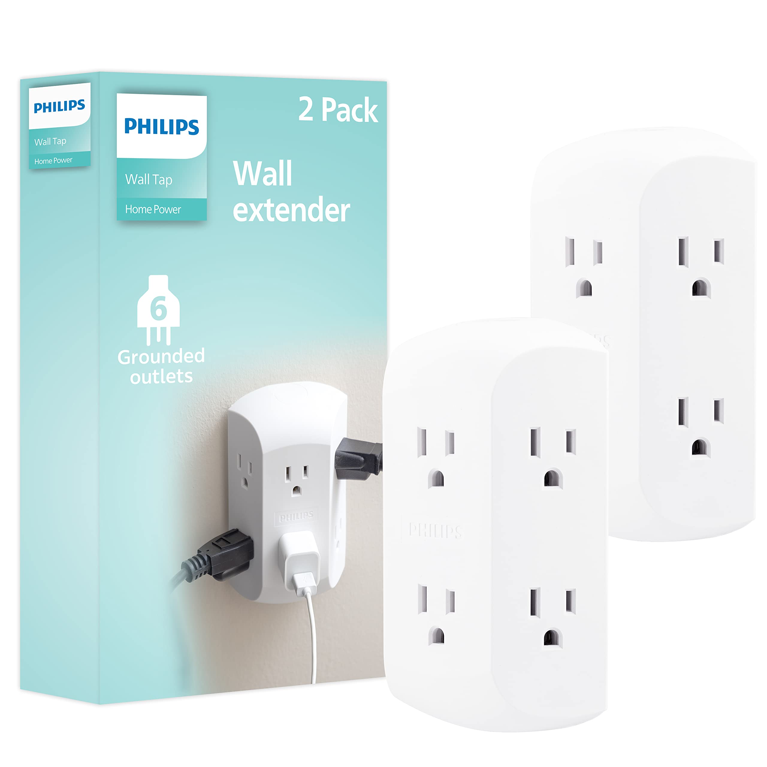 Philips 6-Outlet Extender, 2 Pack, Grounded Wall Tap, Adapter Spaced Outlets, 3-Prong, Multiple Plug, Quick and Easy Install, Cruise Essentials, Use for Home Office, UL Listed, White, SPS1742WA/37