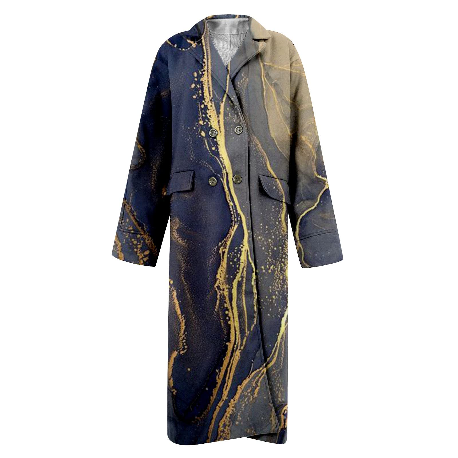 Swrowesi Women's Big Notch Lapel Mid-Long Wool Blend Coat Print Plus Size Elegant Over Coat Outwear