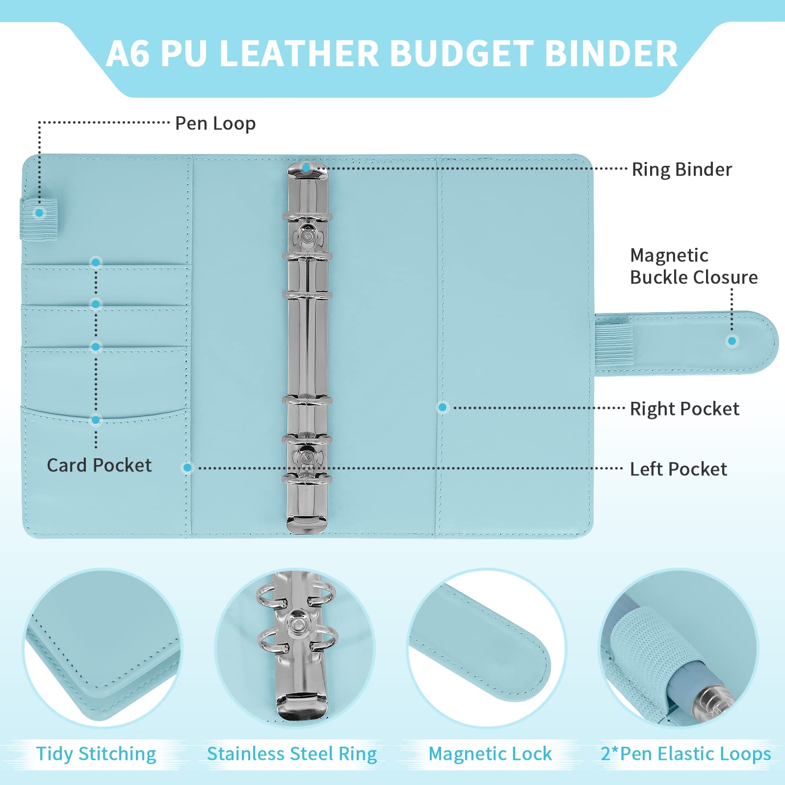 Smarpau Budget Binder with Zipper Envelopes, Money Organizer for Cash, A6 PU Leather Money Saving Binder with 6pcs Binder Pockets & 2pcs Card Sleeves, 12pcs Budget Sheets & 200pcs Sticky Tabs, Blue