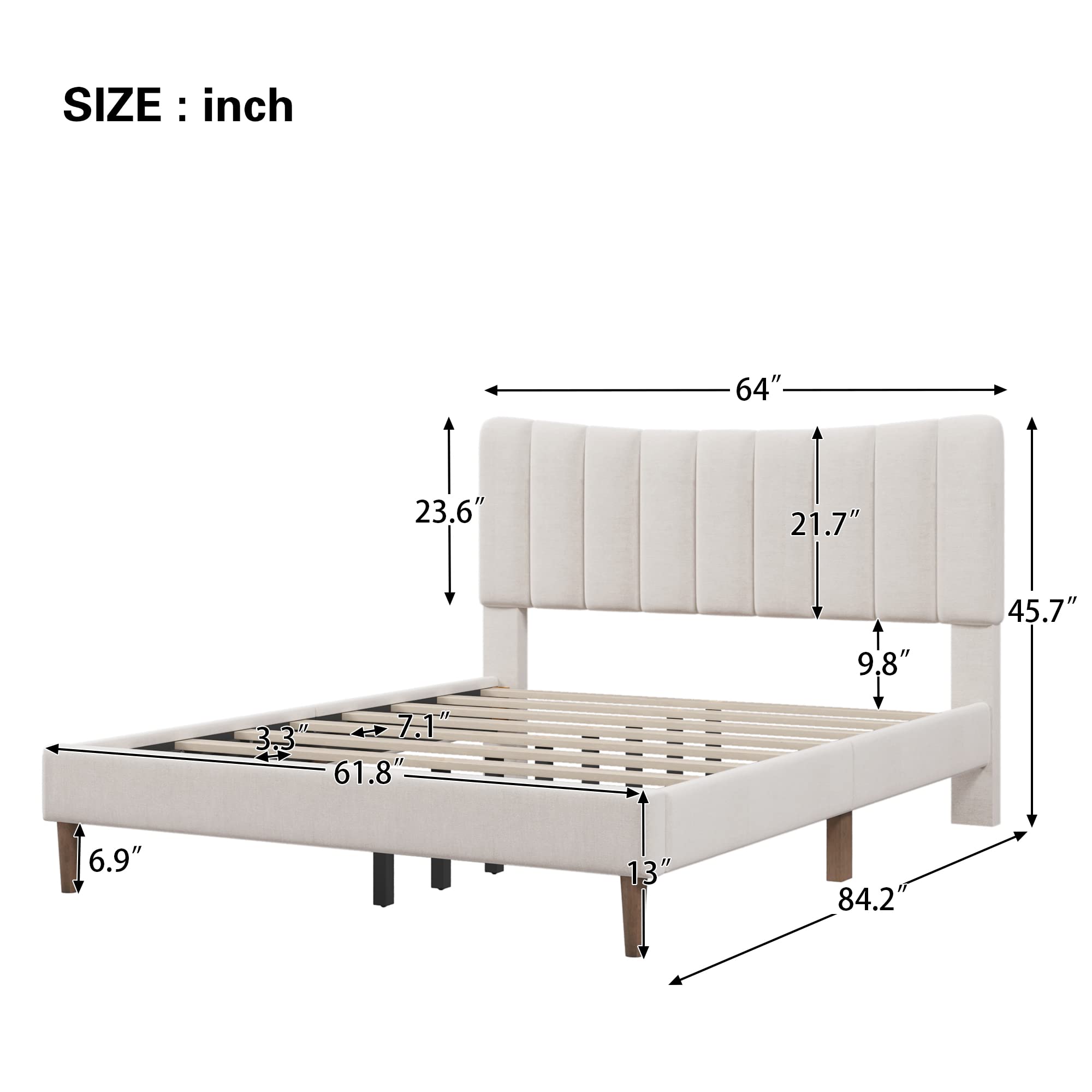 MegaChunk Upholstered Platform Bed Frame with Vertical Channel Tufted Headboard, Robust Plywood and MDF Construction, No Box Spring Needed, Queen Size, Grey
