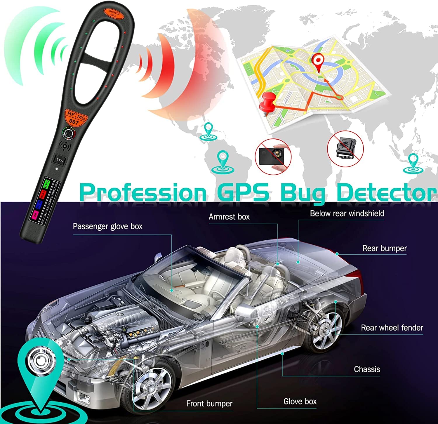 ZTNwoo GPS Bug Detector, Anti Spy Detector for Car GPS Tracker/RF Signal, Hidden Camera Finder, Electronic Bug Sweeper for Wireless Radio Frequency (B)