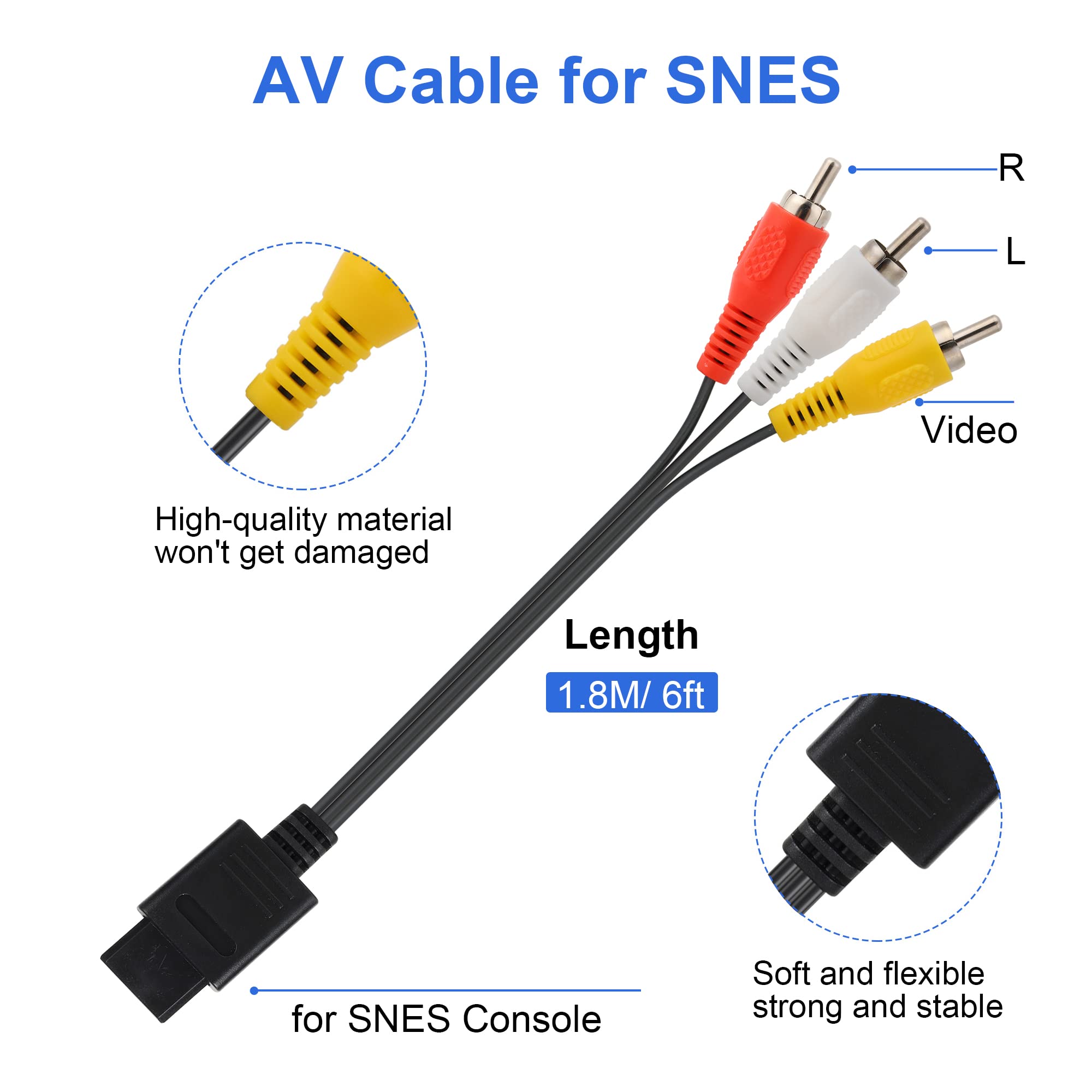 SNES Power Supply and AV Cable, AC Power Cord and Audio Video RCA AV Cable Compatible with Super Nintendo, SNES Power Adapter & AV Cord Bundle Set