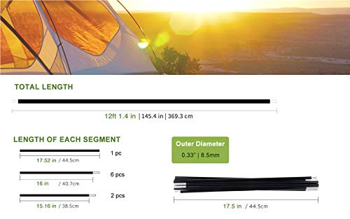 Pre-Assembled Aluminum Tent Pole 12ft 1.4in 8.5mm, Lightweight Tent Poles Replacement, BRILLIANCE4U 7001 T6 Tent Rod, Outer Dia. 0.33" 1 Pole Pack
