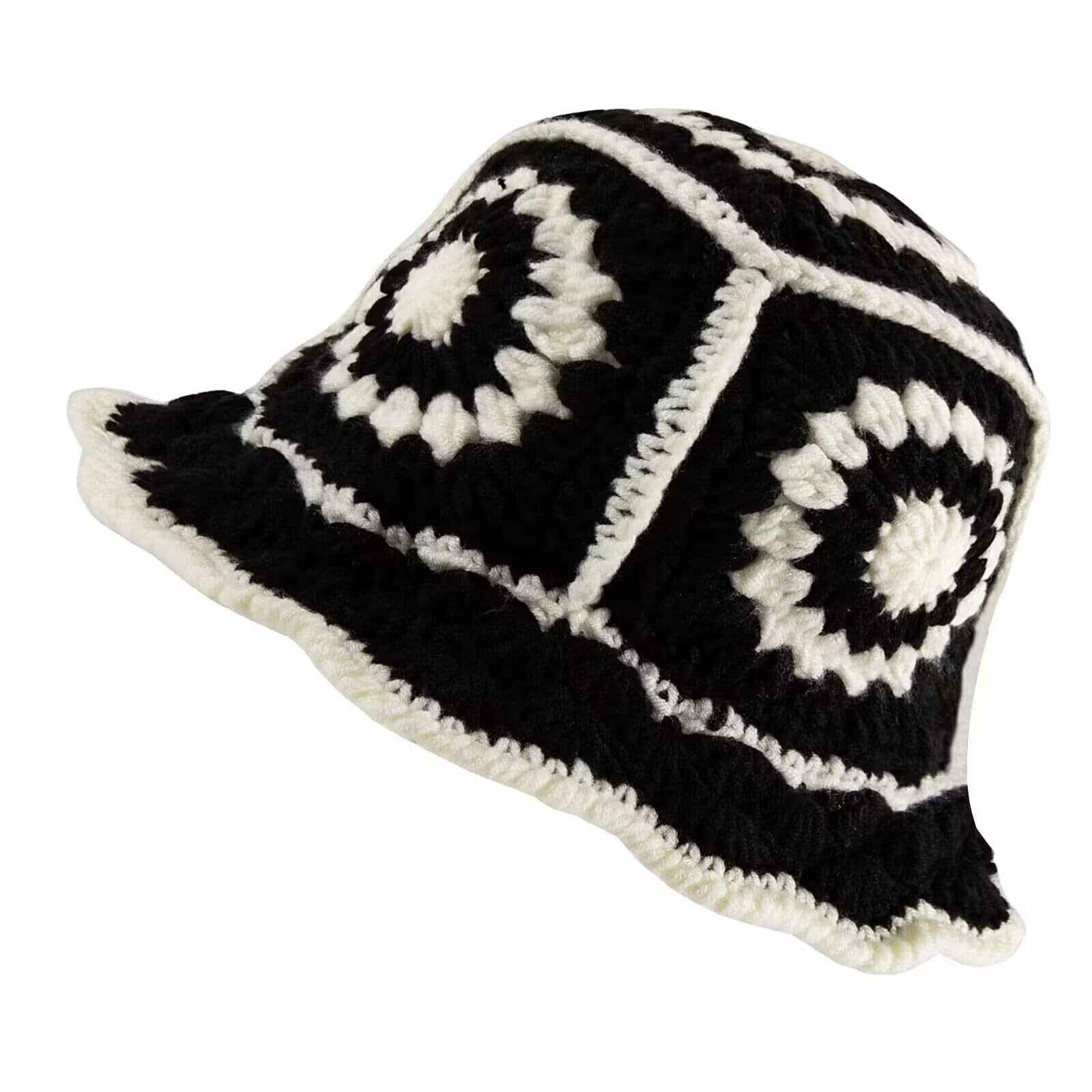 Women Crochet Bucket Hat Knitted Bucket Hat Handmade Cute Flower Pattern Beach Hat Outdoor Cute Striped Floral Fishing Hat Knit Bucket Hats Fisherman Hat for Women Multicolor