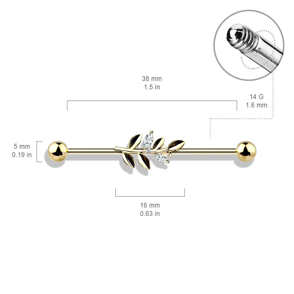 Pierced Owl CZ Crystal Leaf Stainless Steel Industrial Barbell (Silver Tone)