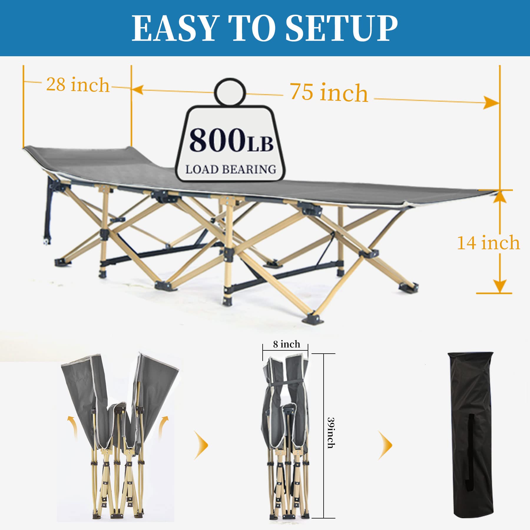 Ruidaiy Folding Camping Cot, Heavy Duty Sleeping Cots with Carry Bag, Double Layer Oxford Portable Travel Camp Cots for Home, Office Nap and Outdoor Beach