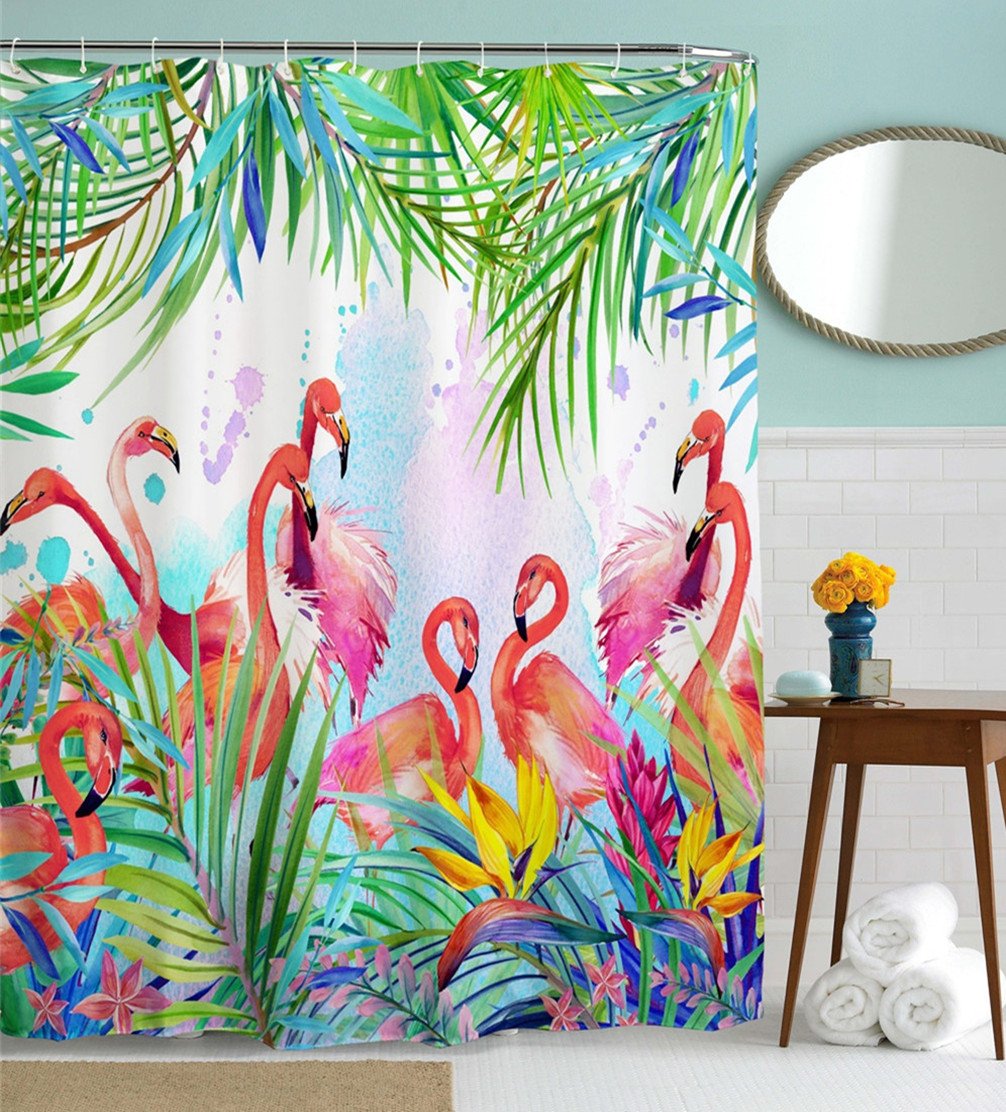 Mimihome Flamingo Shower Curtain, Flamingos Leaves Waterproof Fabric Bathroom Shower Curtains, 72W by 72H