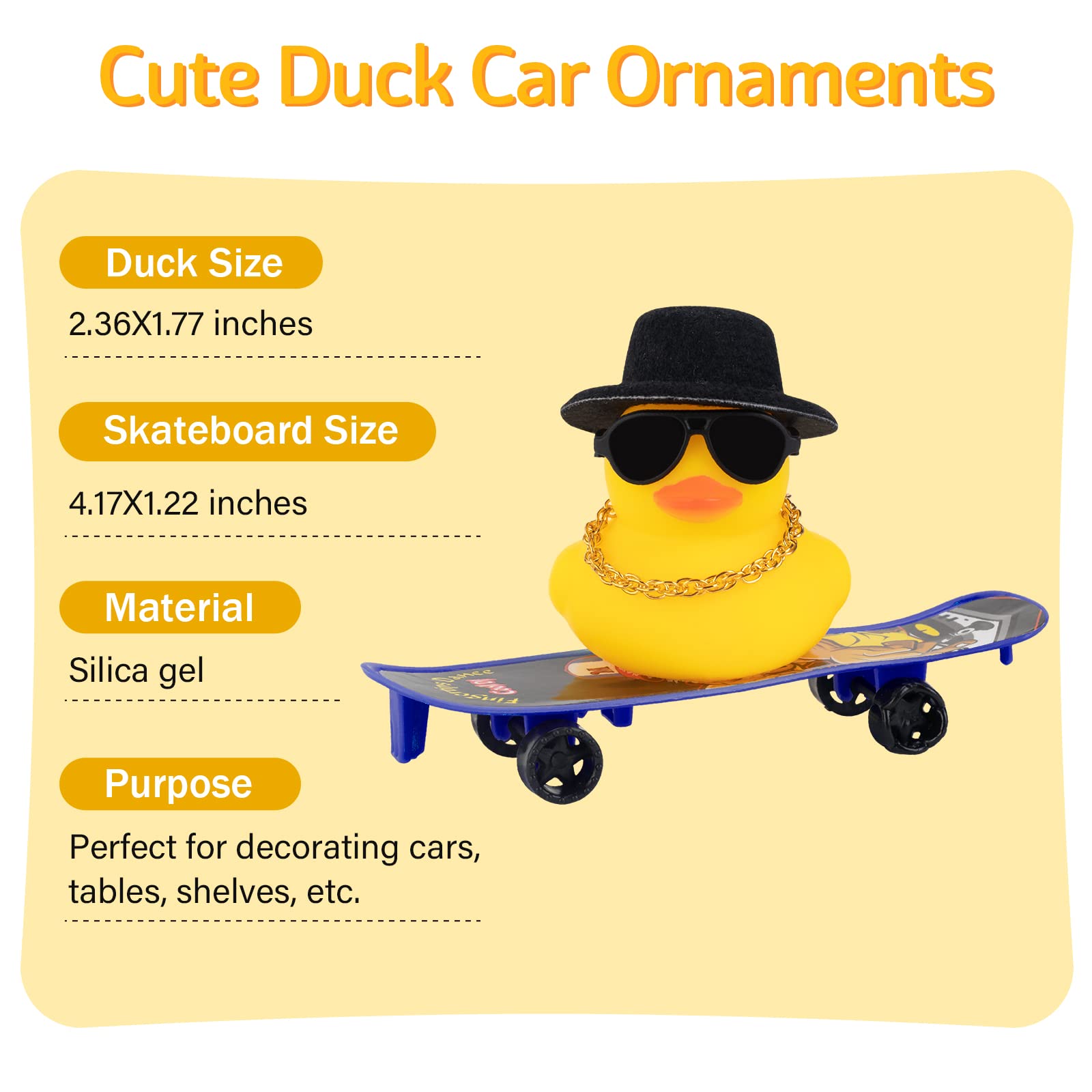 wonuu Car Duck Ornament Rubber Duck Car Dashboard Decoration for Car Dashboard Decoration Accessories with Mini Hat, Necklace, Sunglasses, Chair or Skateboard