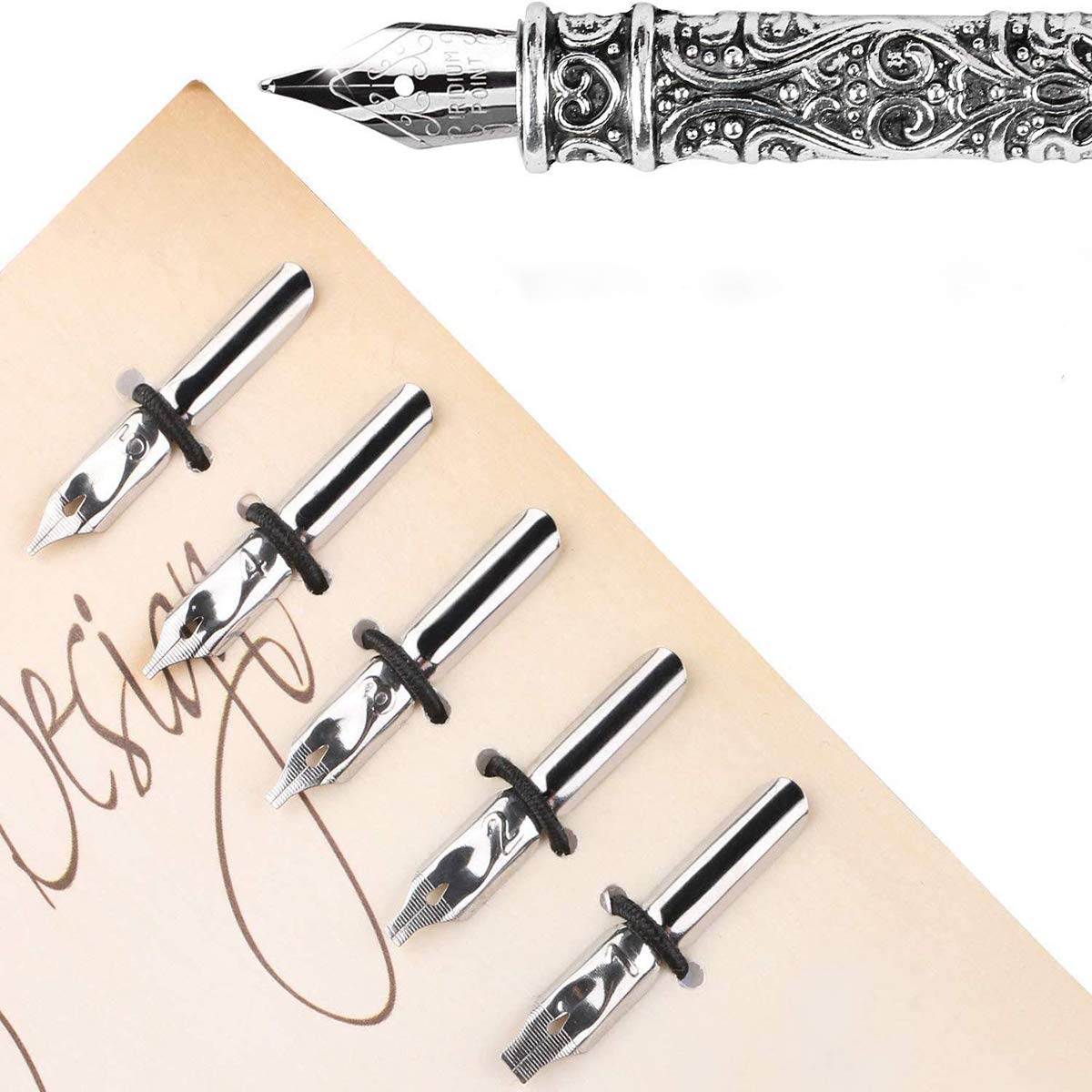 Quill Pen, Handmade Quill Feather Pen Set Antique Calligraphy Writing Quill Pen with Ink, Feather Pen with Ink and Steel Tips Calligraphy Set Quill Pen,6 Replacement Nibs/Contains ink(Navy Blue)1