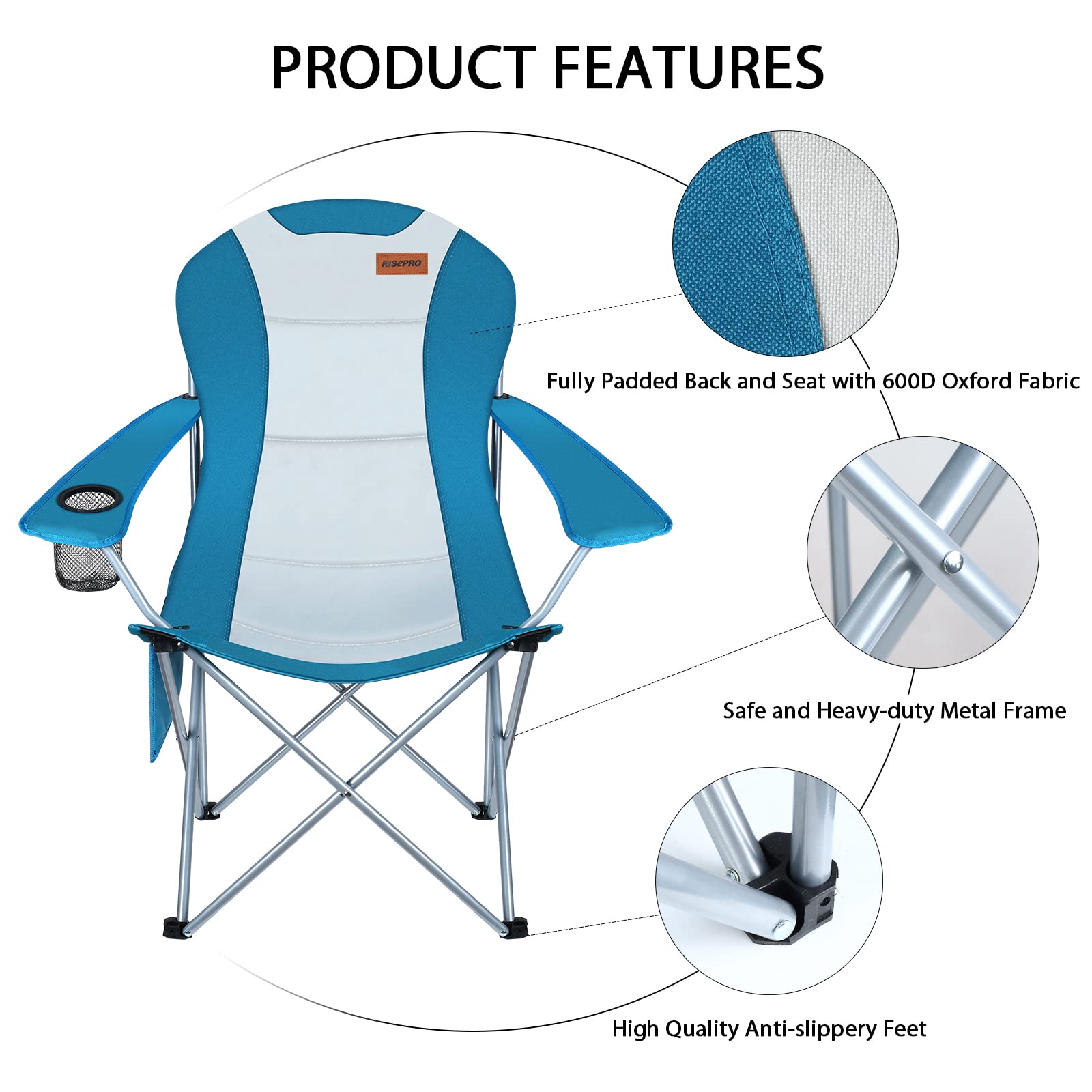 RISEPRO Oversized Camping Folding Chair Heavy Duty Support 265 LBS Heavy Duty Steel Frame Arm Chair with Cup Holder Fully Padded Back Chair Portable for Outdoor DC