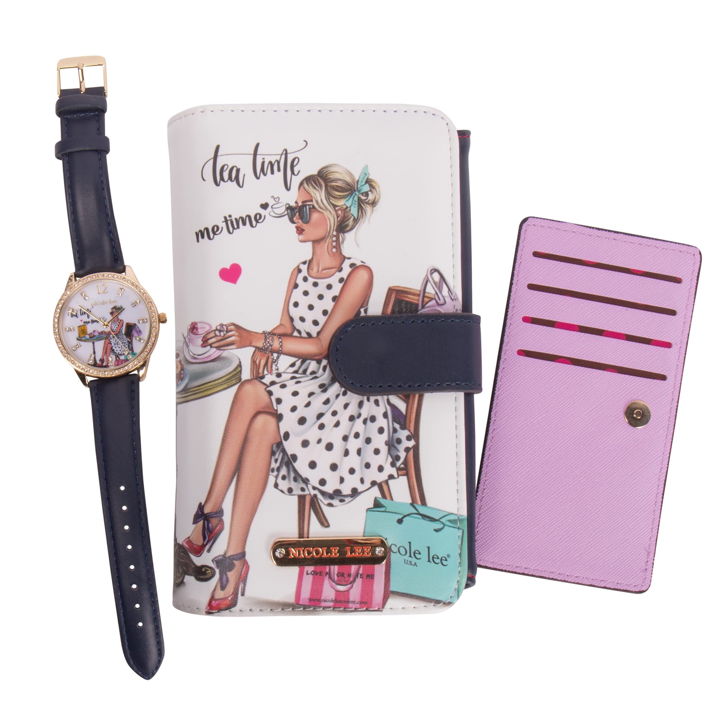 Nicole Lee 2 Pieces Accessories Value Gift Set (Phone Case Crossbody Wallet, Diamond Fashion Watch) (Tea Time Me Time)