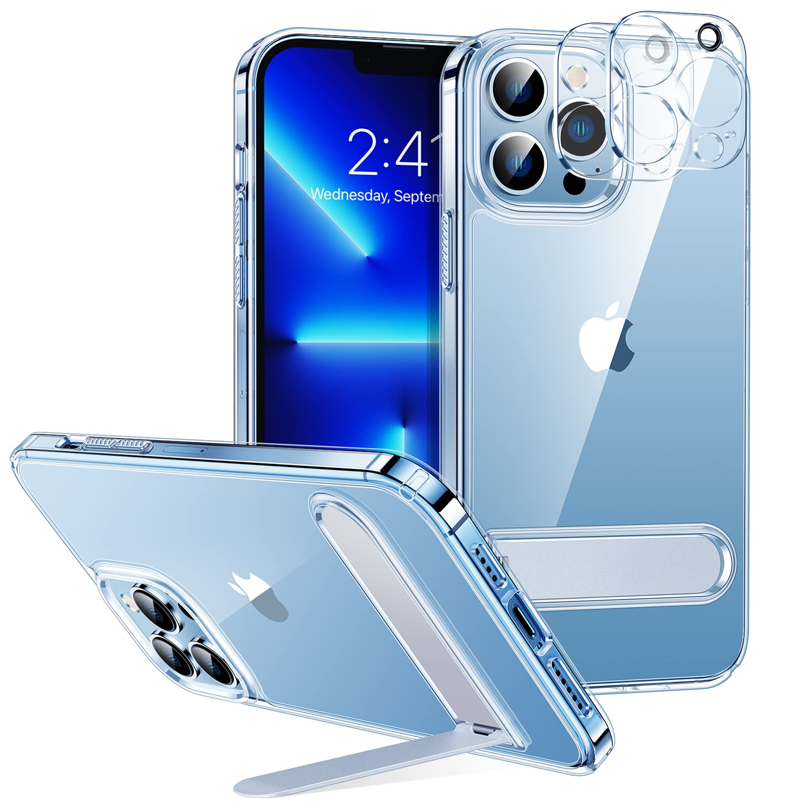 Simtect Crystal Clear for iPhone 13 Pro Max Case with Stand, [3-Way Kickstand] [20X Anti-Yellowing] with 2X Camera Lens Protector, Slim Fit Protective Case for iPhone 13 Pro Max 6.7" - Transparent